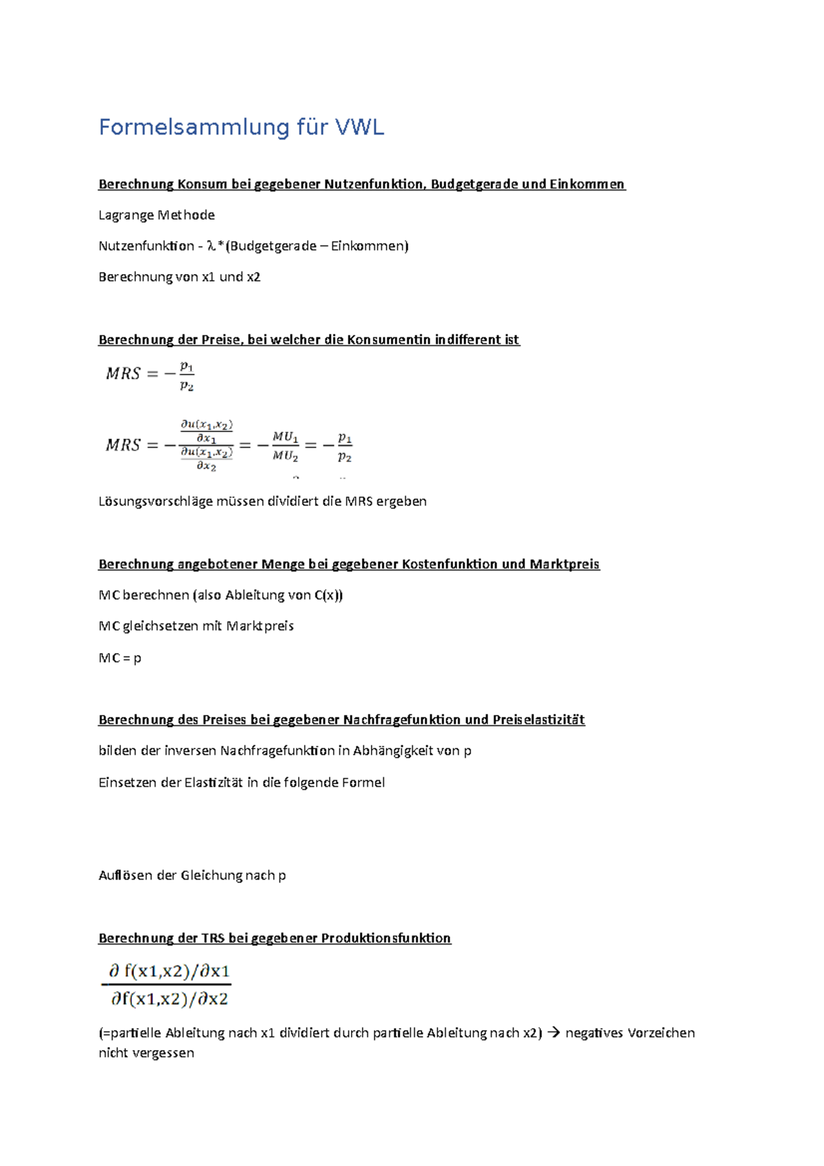 Formelsammlung VWL Wintersemester 2021 - Formelsammlung für VWL Berechnung Konsum bei gegebener ...