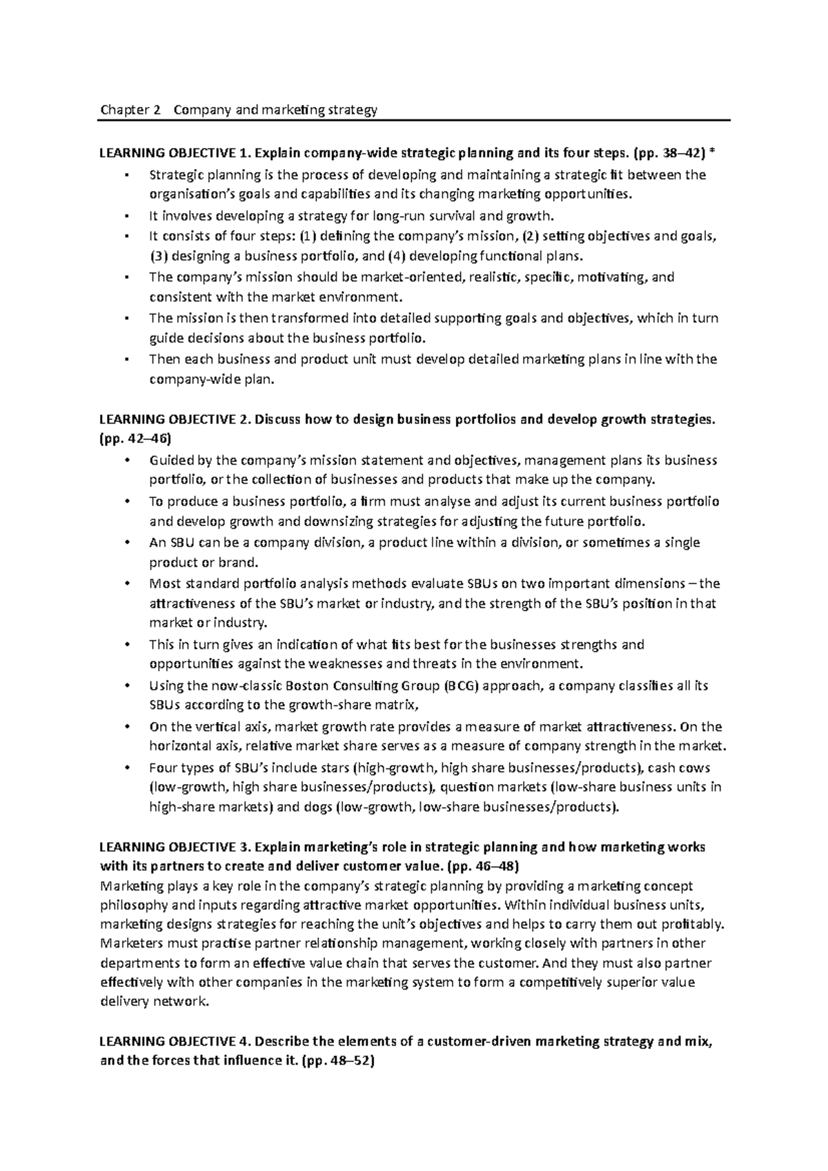Learning objectives module 2 - Chapter 2 Company and marketing strategy ...