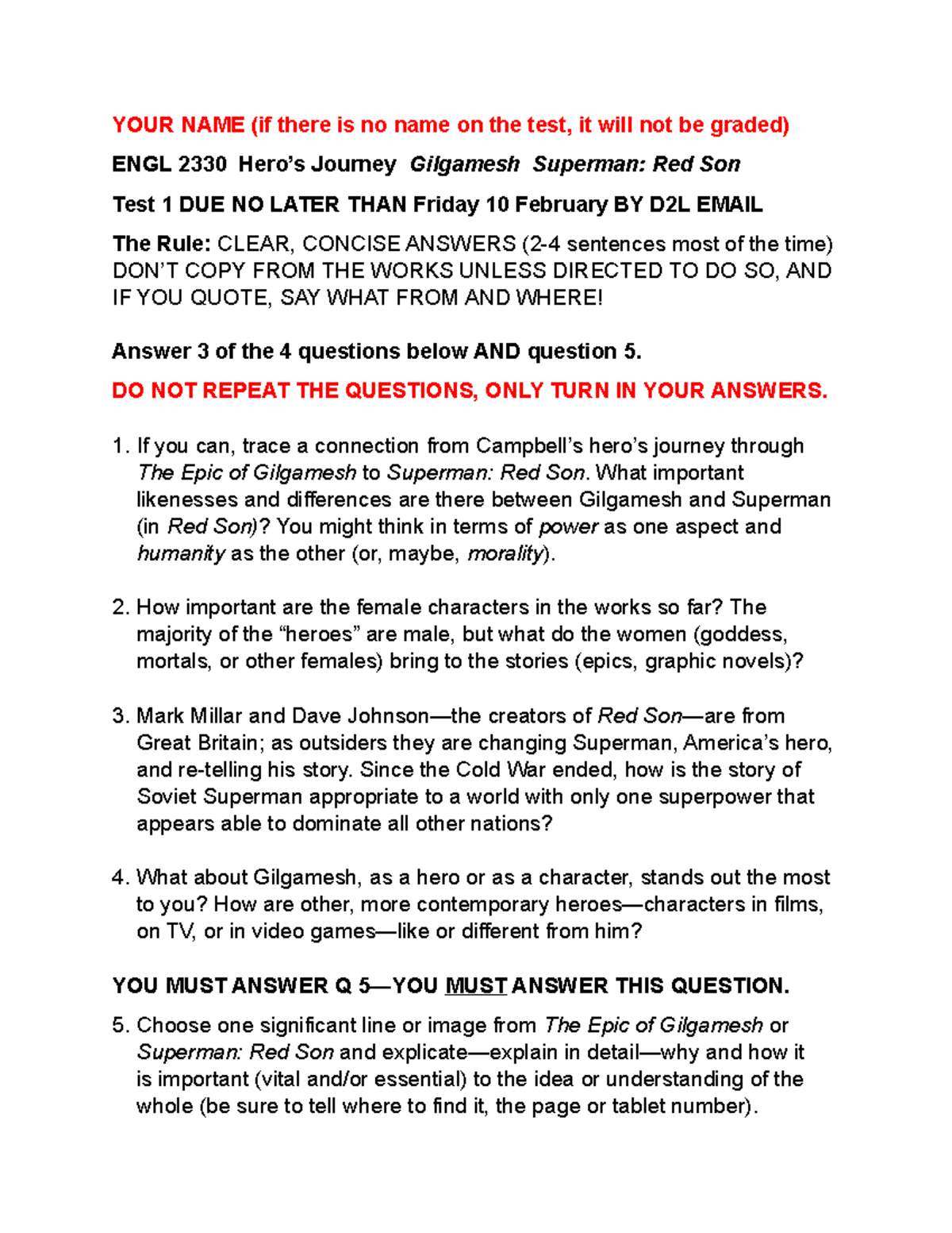 ENGL 2330 Test 1 rev Spr 23 - YOUR NAME (if there is no name on the ...