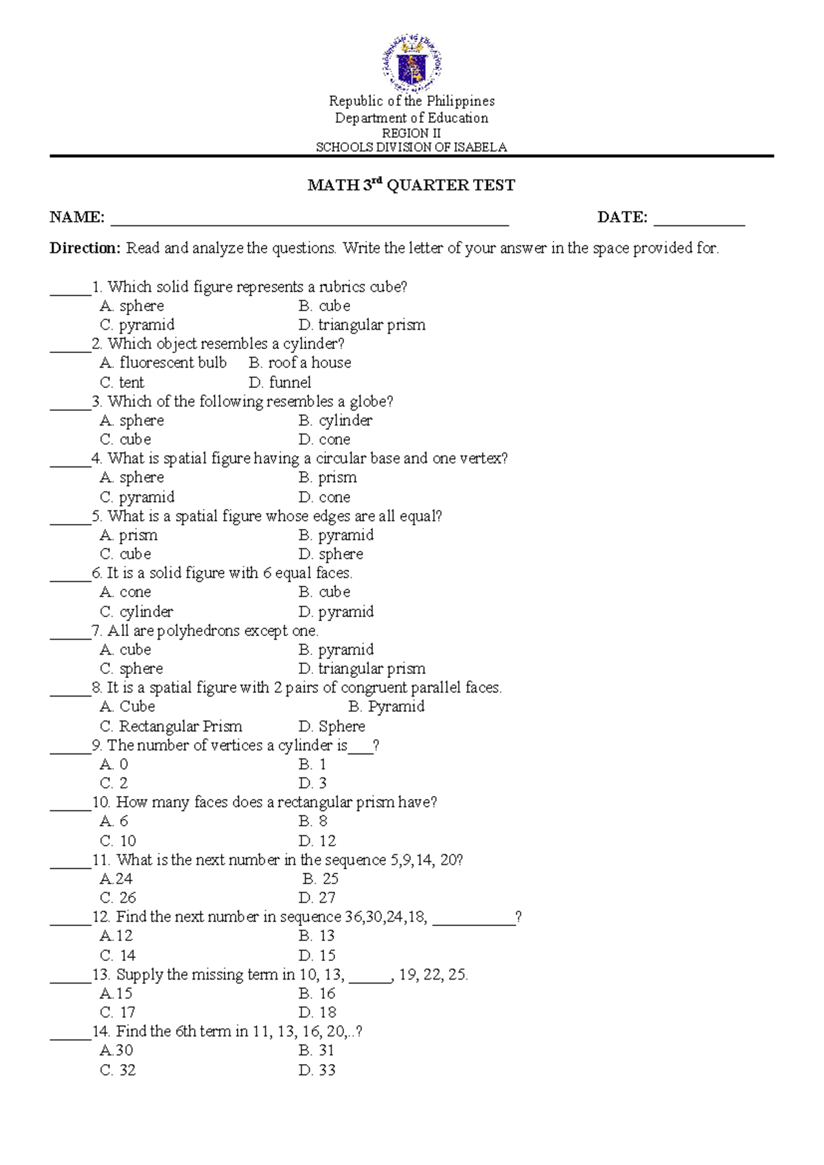 3rd Quarter MATH-2023 - good - Republic of the Philippines Department ...
