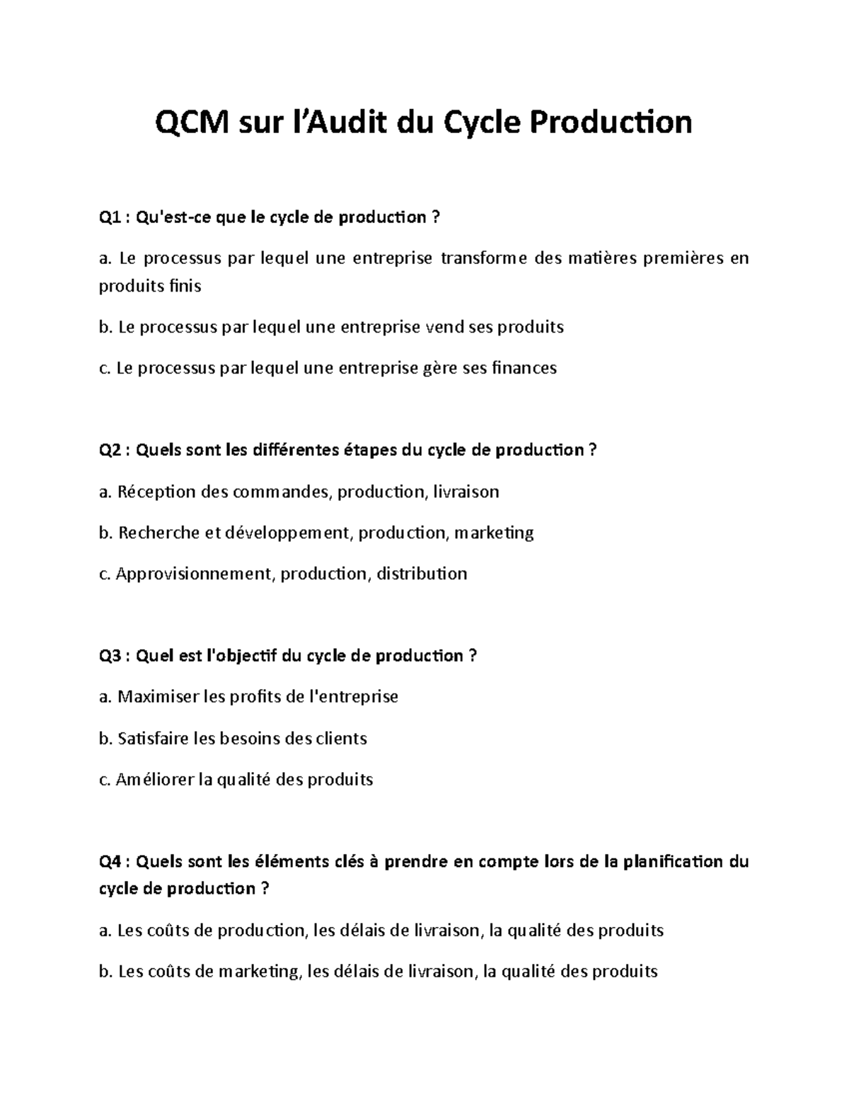 QCM sur l'Audit du Cycle Production - Le processus par lequel une ...