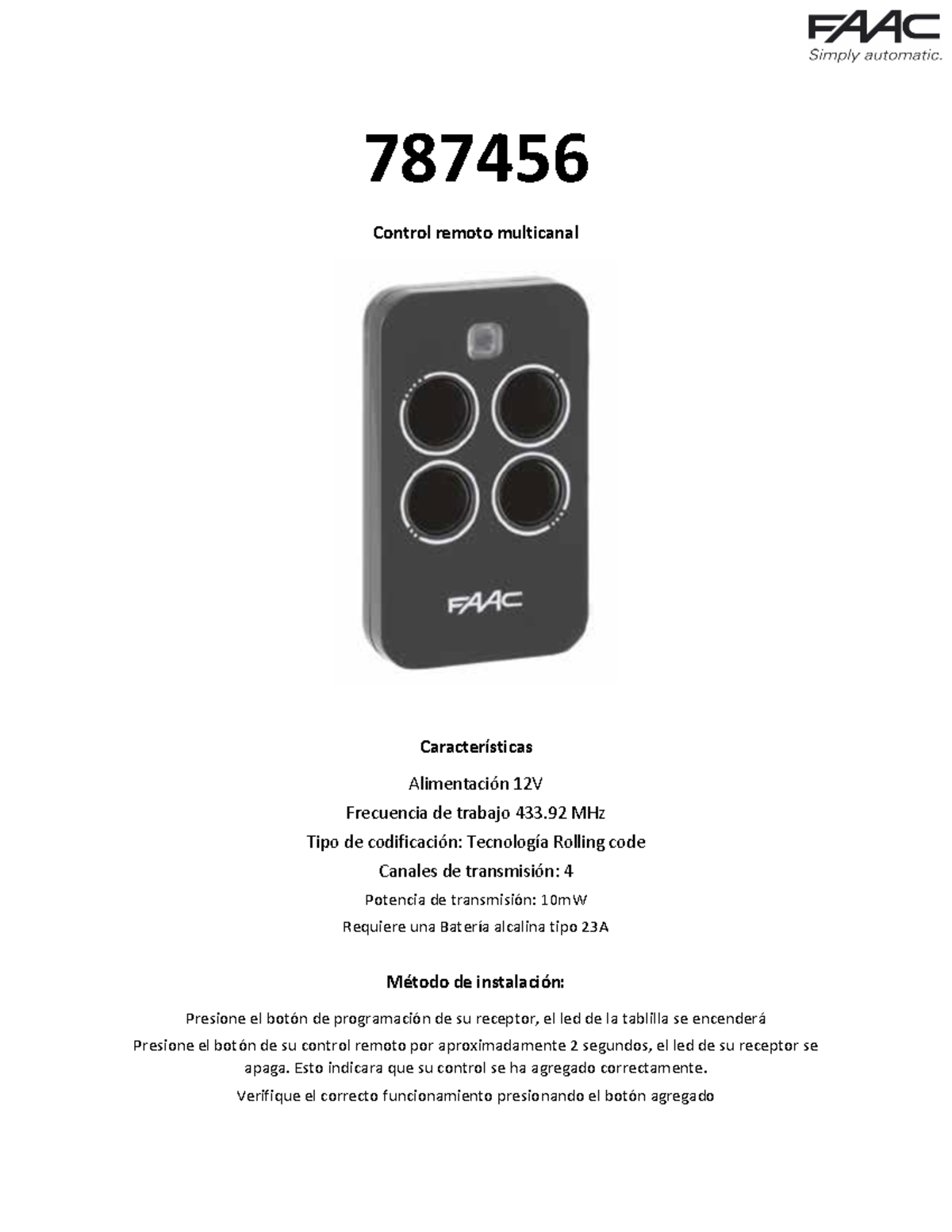 Hoja Specs 787456 - 787456 Control remoto multicanal Características ...