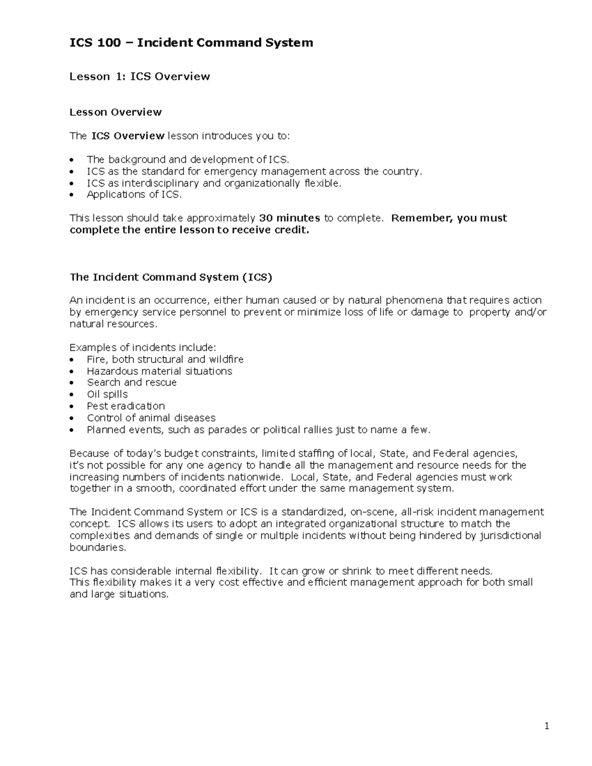 Incident Command System - Lesson 1: ICS Overview Lesson Overview The ...