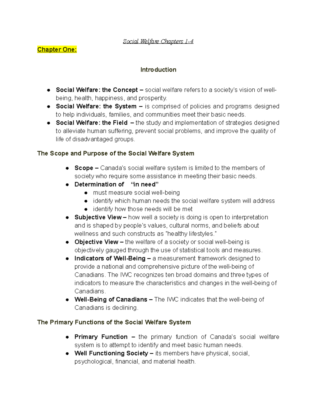 Social Welfare Chapters 1-4 - Social Welfare Chapters 1- Chapter One: Introduction Social ...