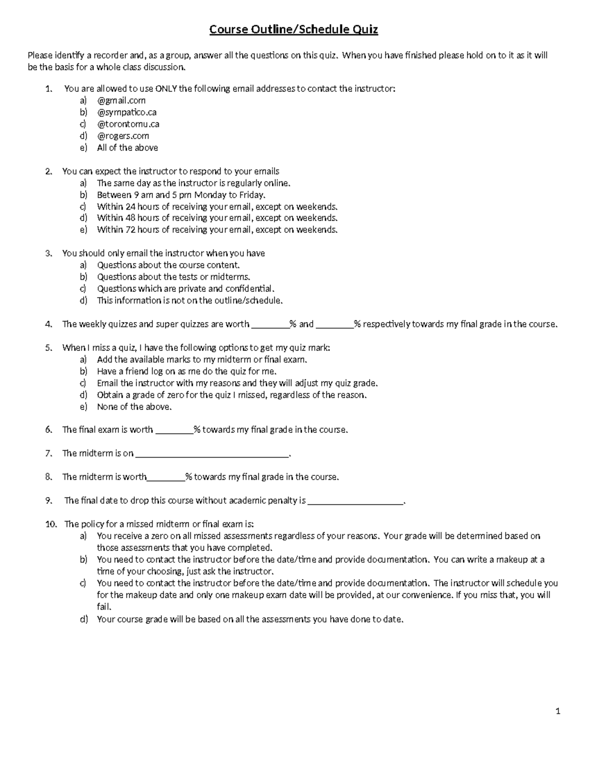 Class 1 - Course Outline - Schedule Quiz - Course Outline/Schedule Quiz ...