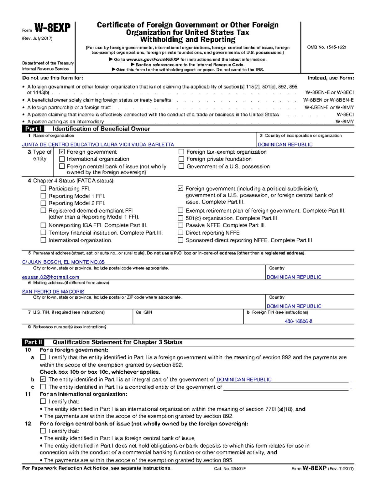Fatca Doña Laura Vicini - Form W-8EXP (Rev. July 2017) Department of ...