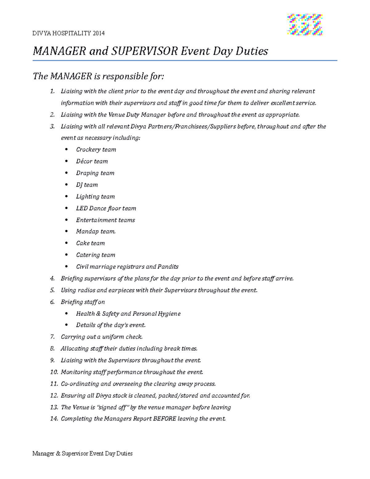 Manager and Supervisor Event Day Duties - MANAGER and SUPERVISOR Event ...