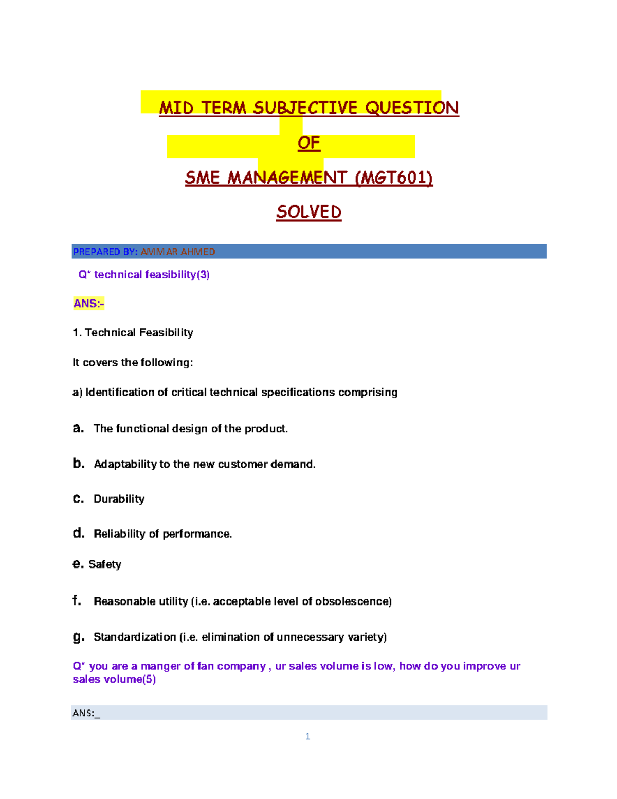 MGT601 MID TERM Subjective Question - MID TERM SUBJECTIVE QUESTION OF ...