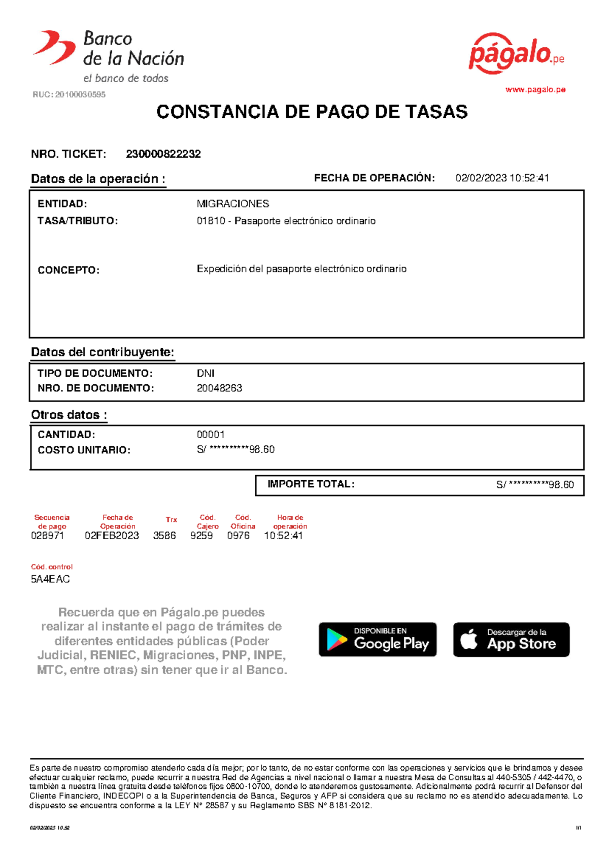 Constancia (31) - dsdssd - CONSTANCIA DE PAGO DE TASAS RUC: 20100030595 ...