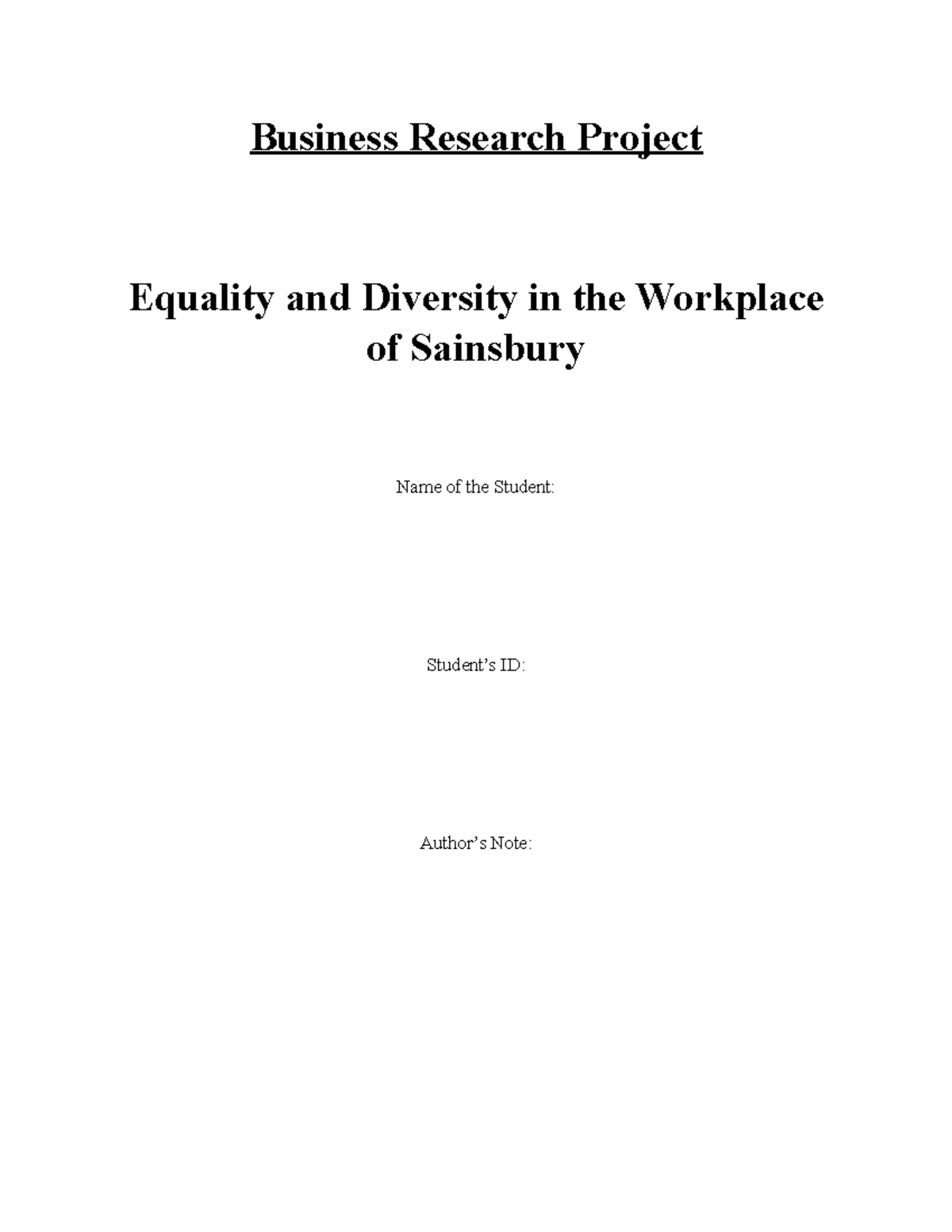 Equality AND Diversity IN Sainbury Sample 4 - Business Research Project ...