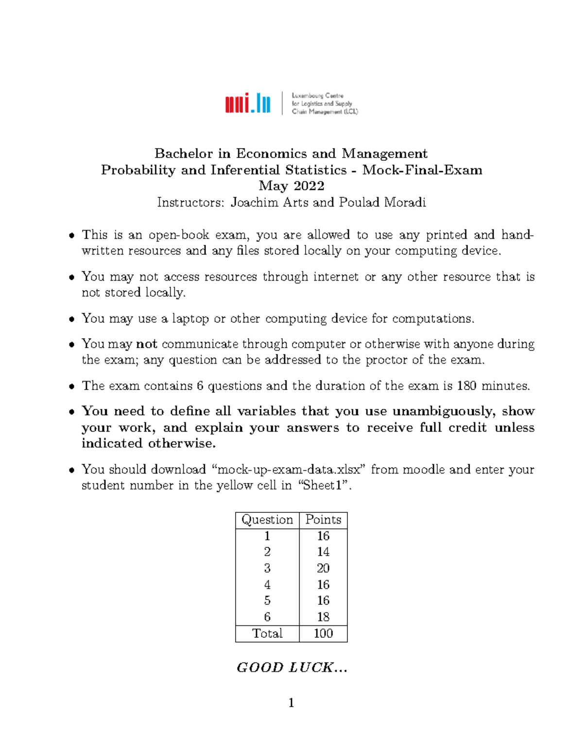 Prob Stat Mock Final Exam - Bachelor in Economics and Management Probability and Inferential ...