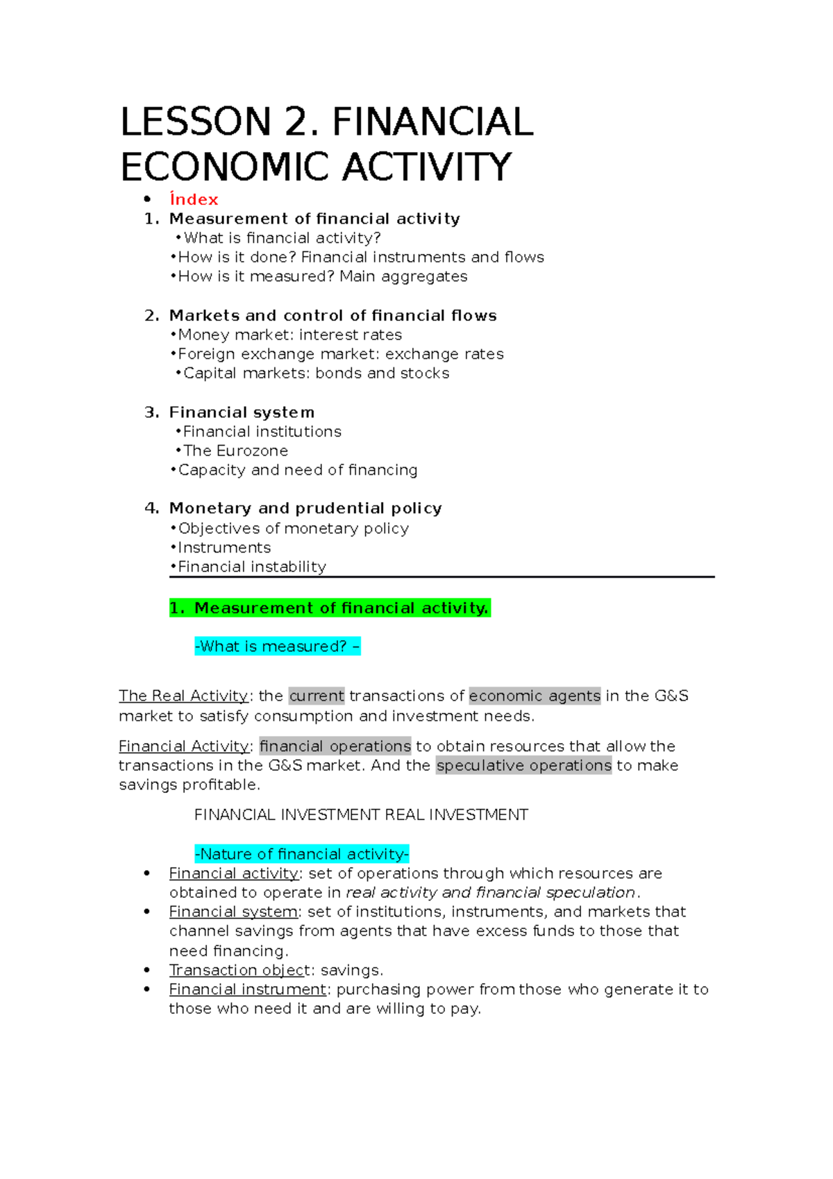 UNIT 2, Financial Activity - LESSON 2. FINANCIAL ECONOMIC ACTIVITY ...