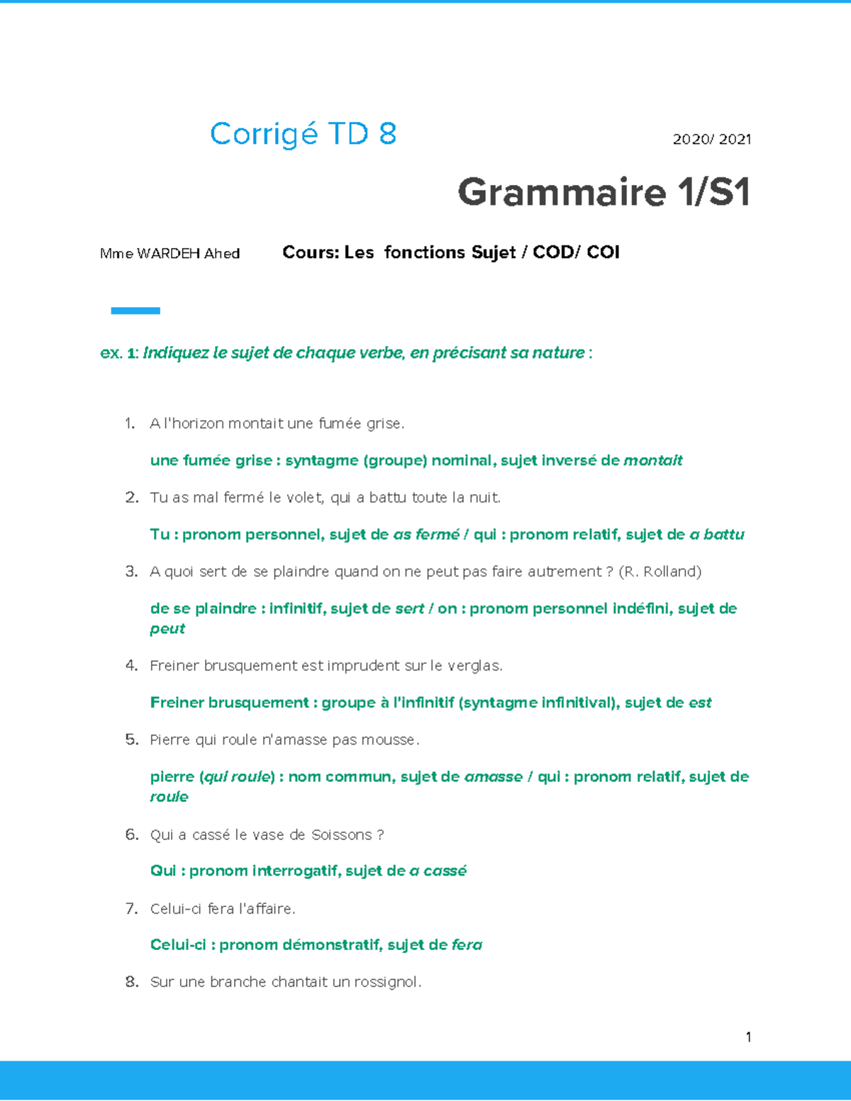 Corrigé du TD8 Grammaire 1 - Corrigé TD 8 2020/ 2021 Grammaire 1/S Mme WARDEH Ahed Cours: Les ...