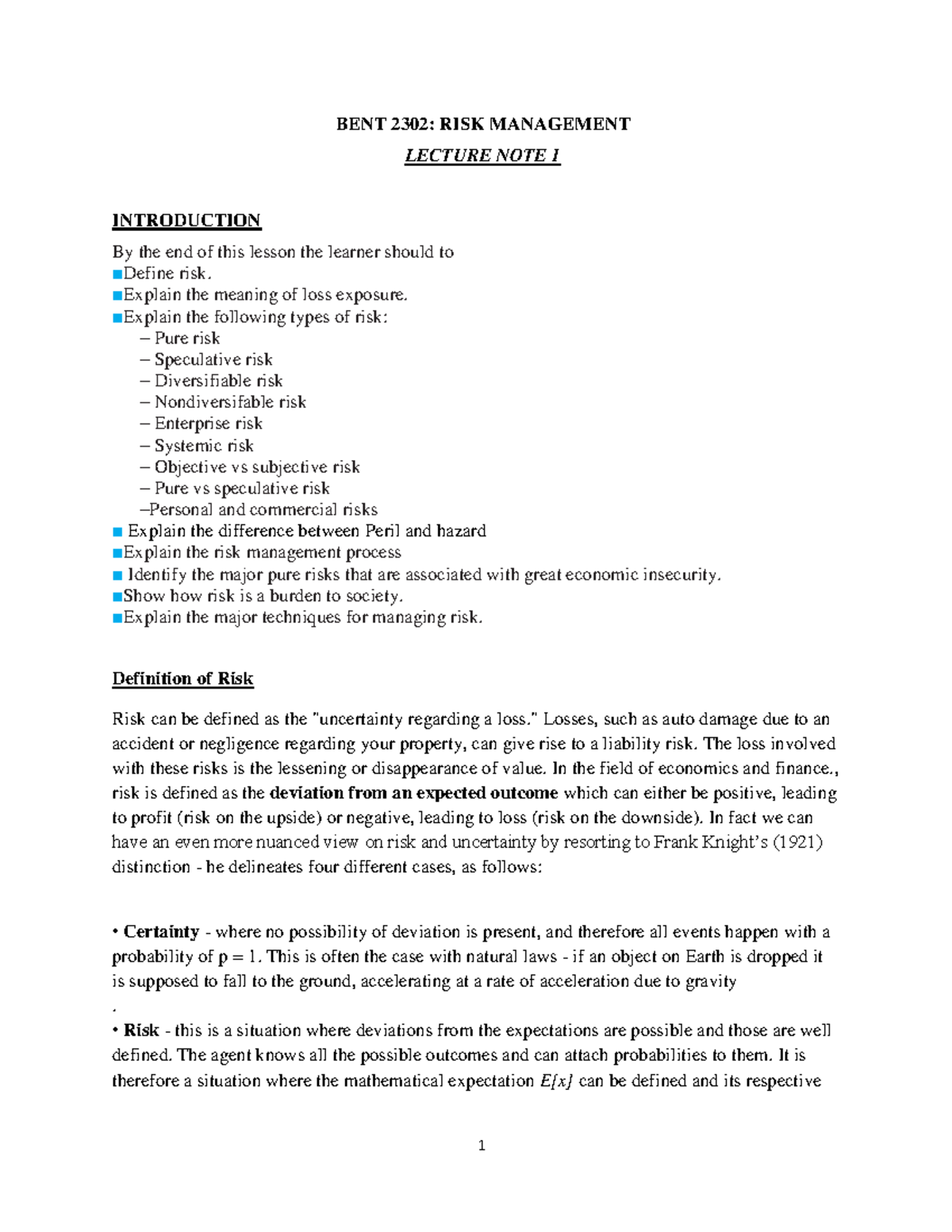 Risk Management - Lecture 1-Introduction - BENT 2302: RISK MANAGEMENT ...
