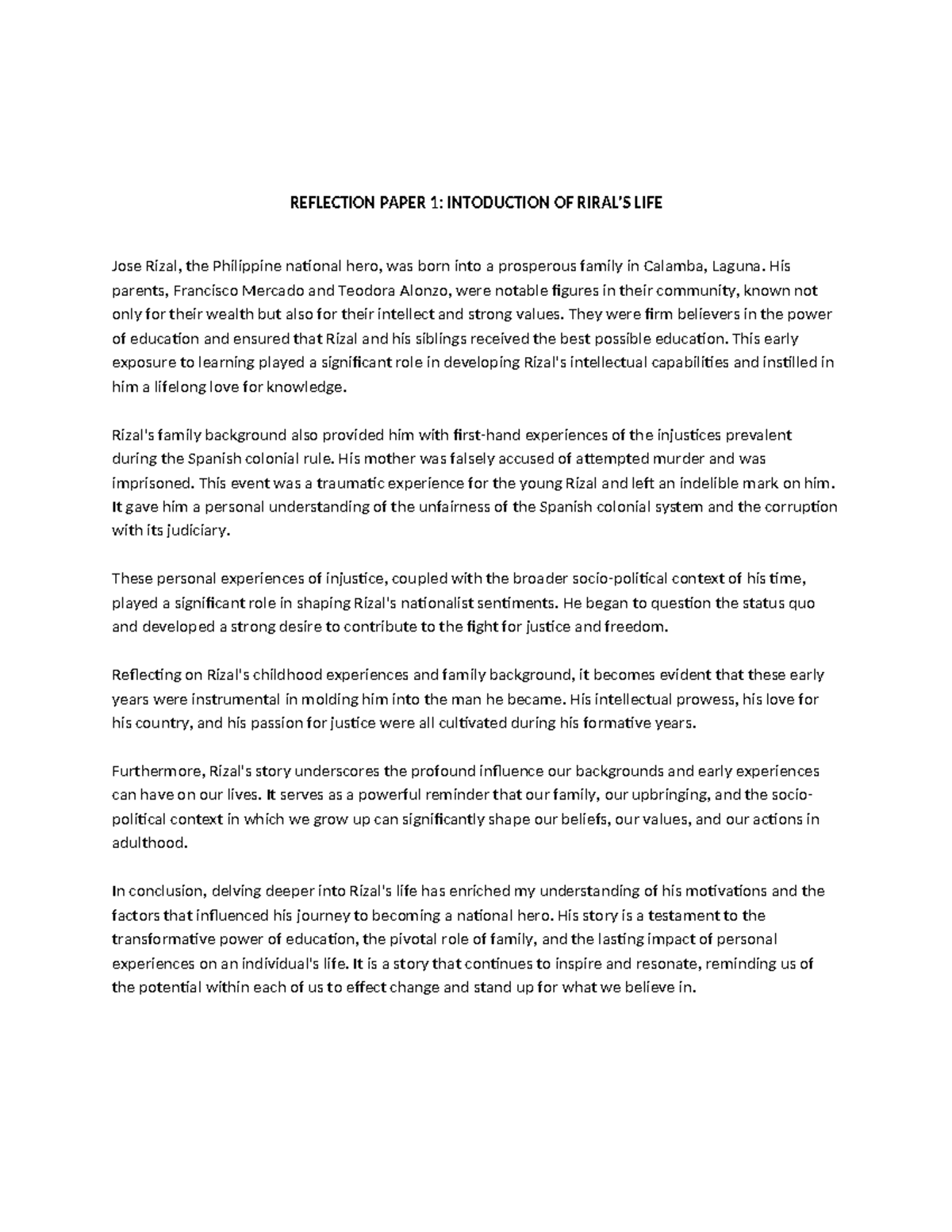 Reflection - ... - REFLECTION PAPER 1: INTODUCTION OF RIRAL'S LIFE Jose ...