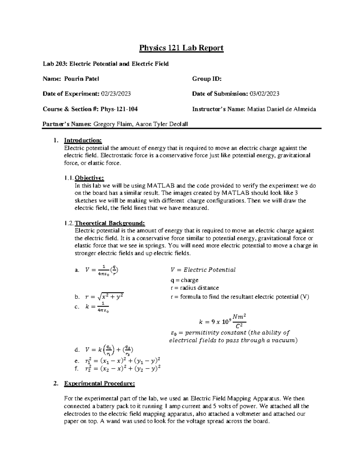 Lab 203 Electric Potential and Electric Field - Physics 121 Lab Report ...