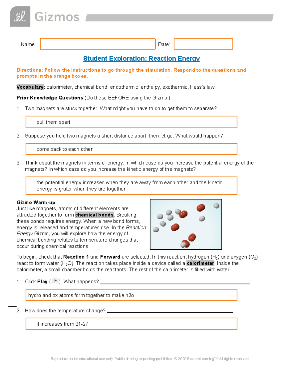 Copy of Reaction Energy SE - Name: Date: Student Exploration: Reaction ...