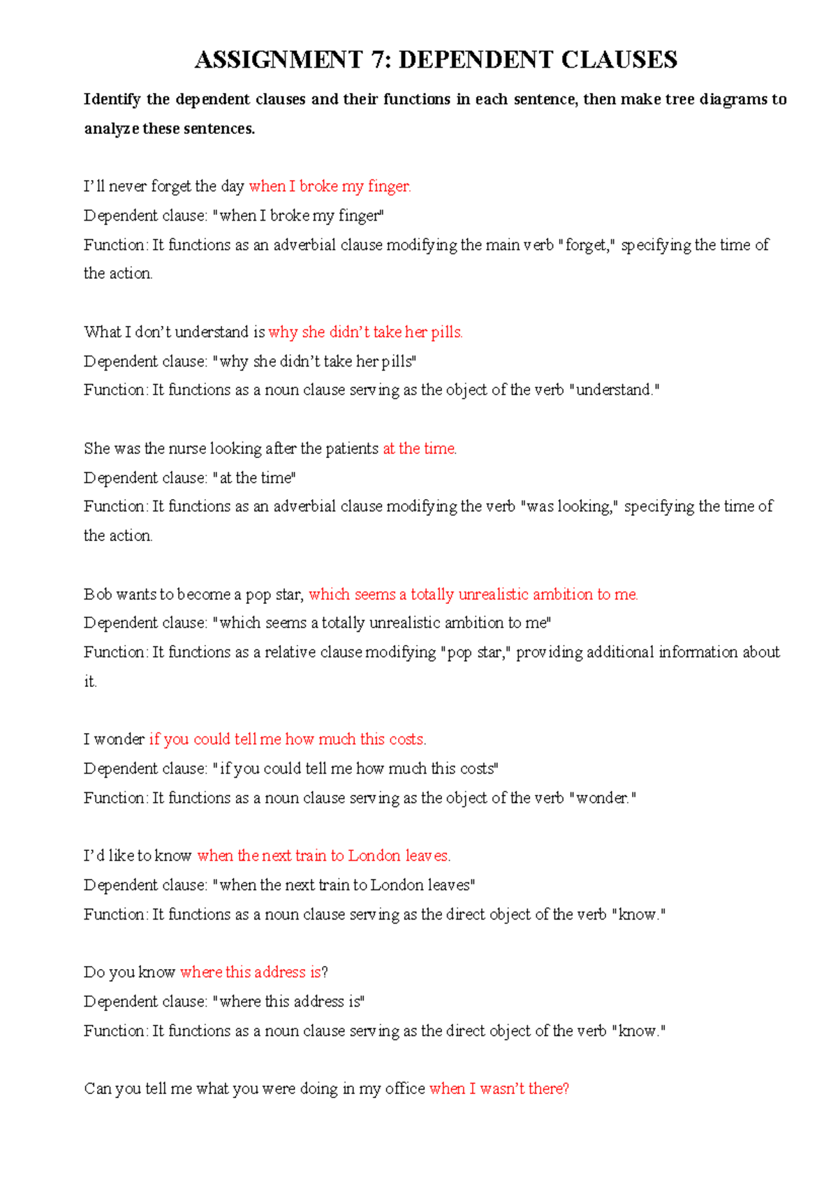 Assignment 7 Dependent Clauses - ASSIGNMENT 7: DEPENDENT CLAUSES ...