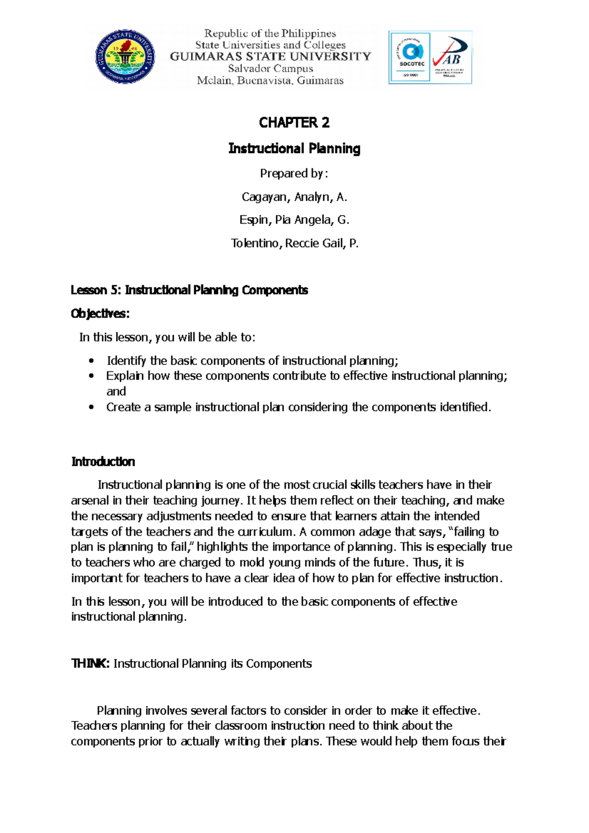 Lesson 5 Instructional Planning Components 100326 - CHAPTER 2 ...