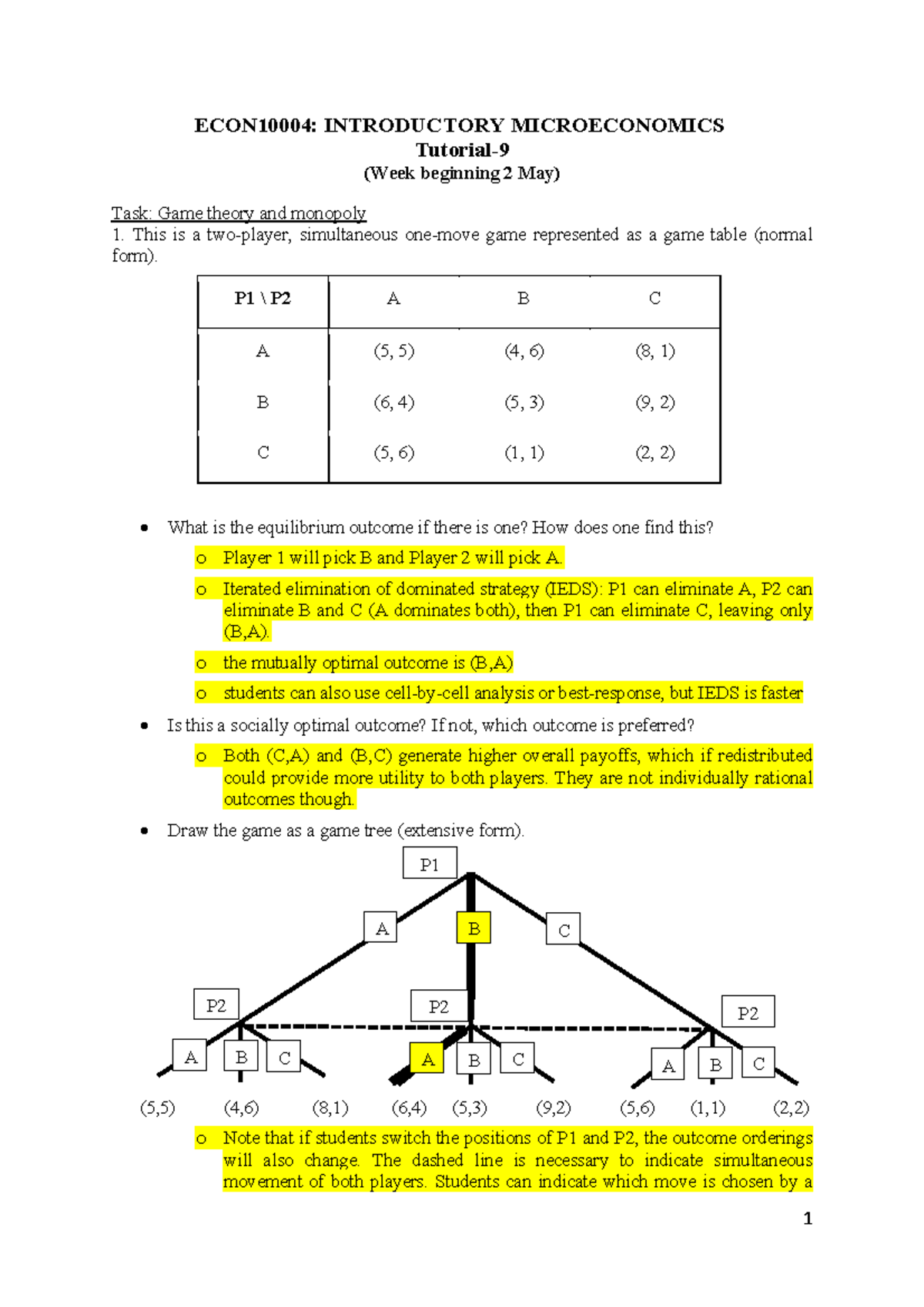 Week 9 In-Tutorial Solutions - 1 ECON10004: INTRODUCTORY MICROECONOMICS ...