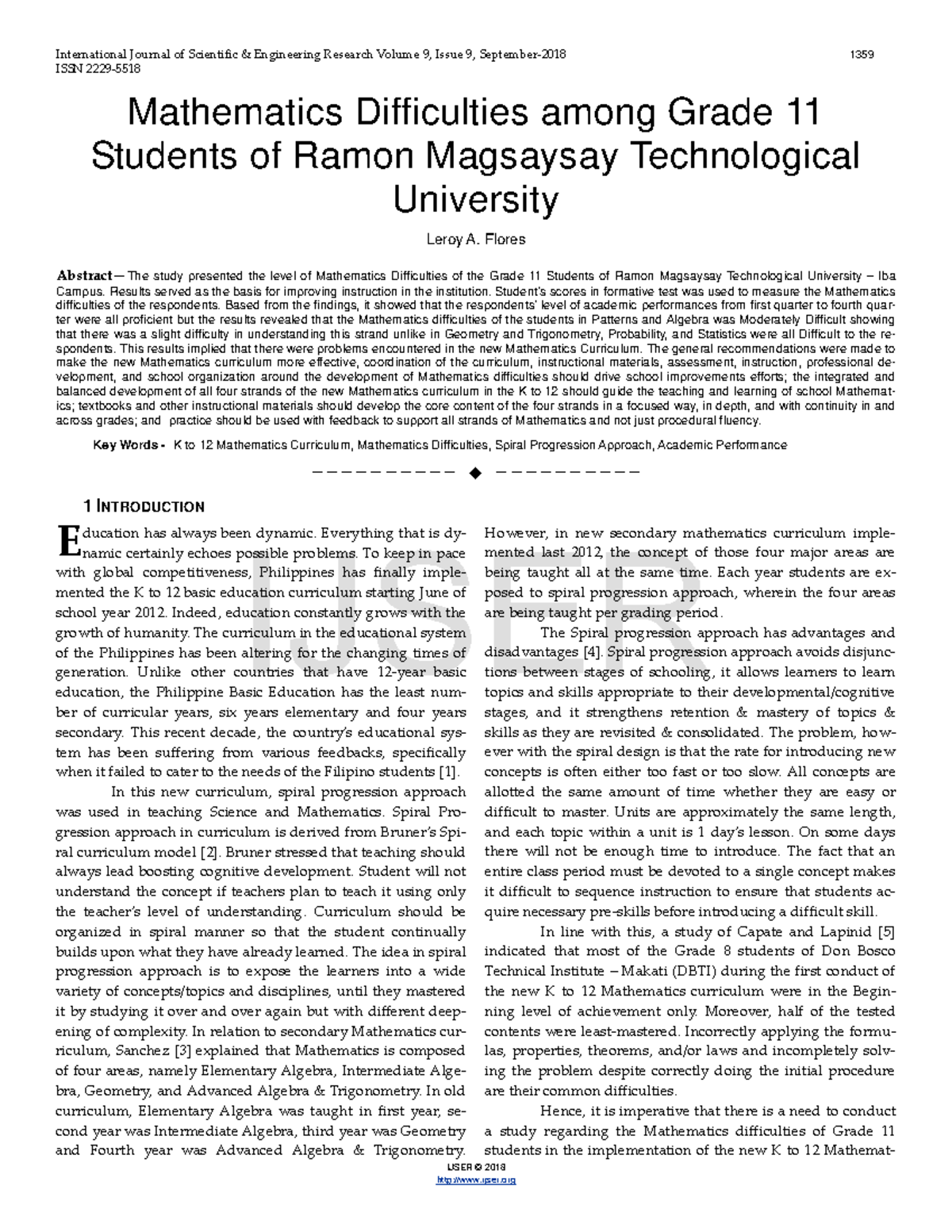 Mathematics Difficulties among Grade 11 Students of Ramon Magsaysay ...