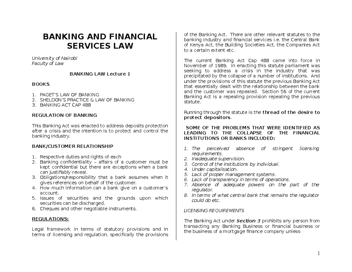 Banking Law - class notes - BANKING AND FINANCIAL SERVICES LAW ...