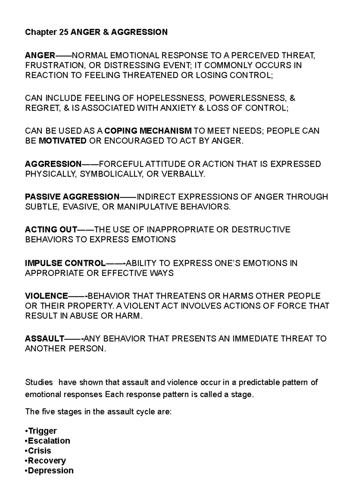 Final Mental Health Chapter 25 - Chapter 25 ANGER & AGGRESSION ANGER ...