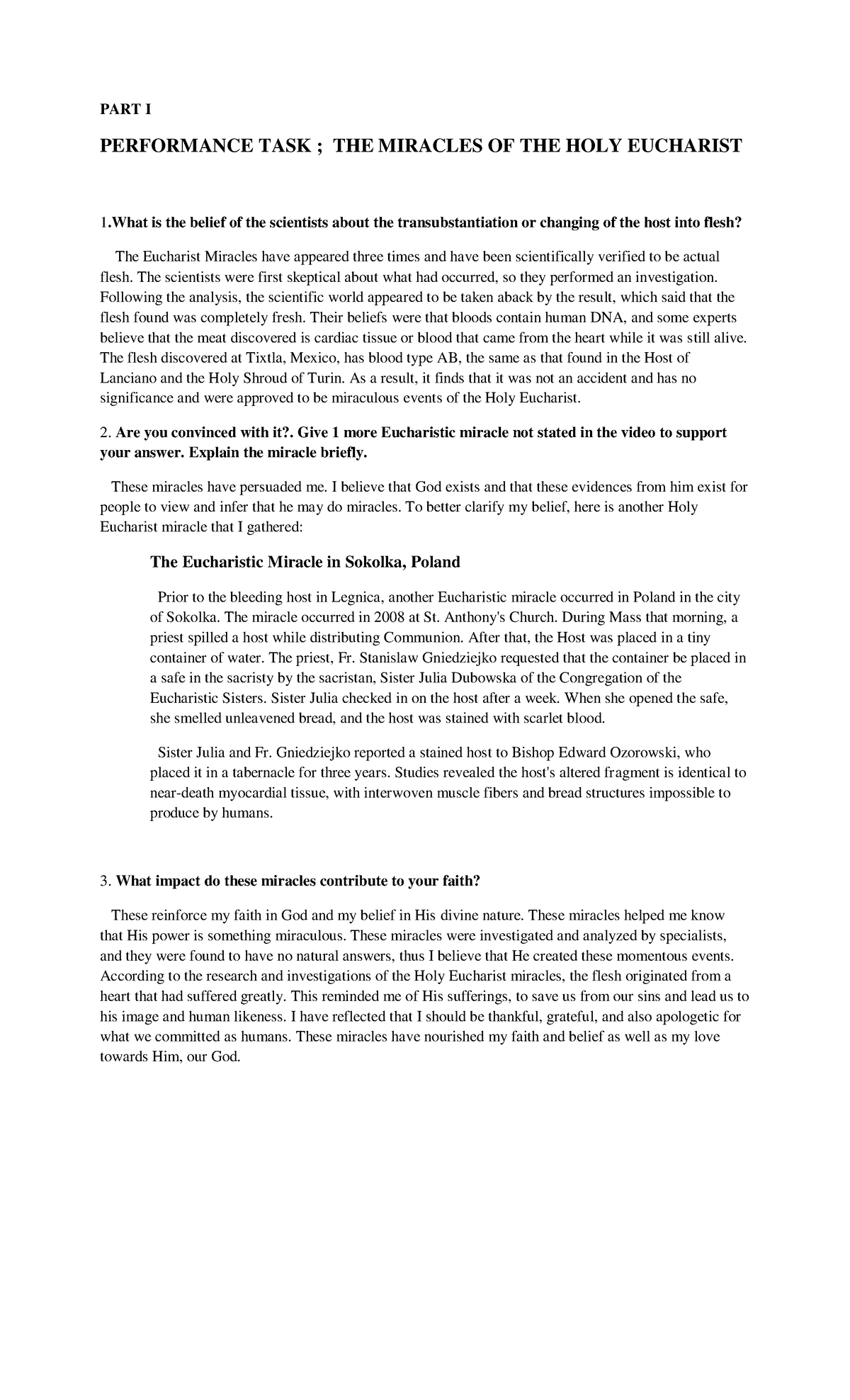 Video-Analysis Eucharistic-Miracles - PART I PERFORMANCE TASK ; THE ...