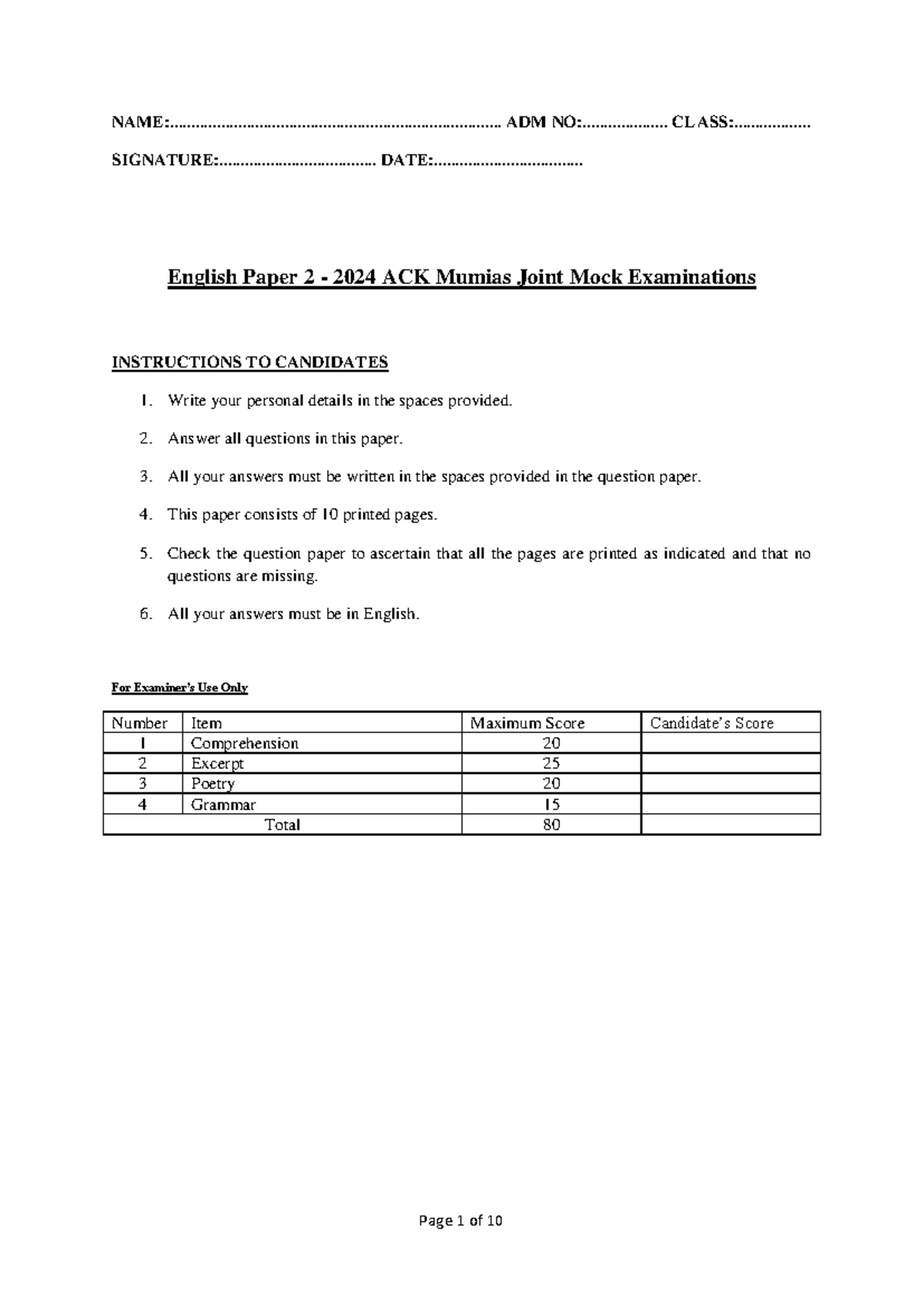 English Paper 2 - 2024 ACK Mumias Joint Mock Examinations - - Studocu
