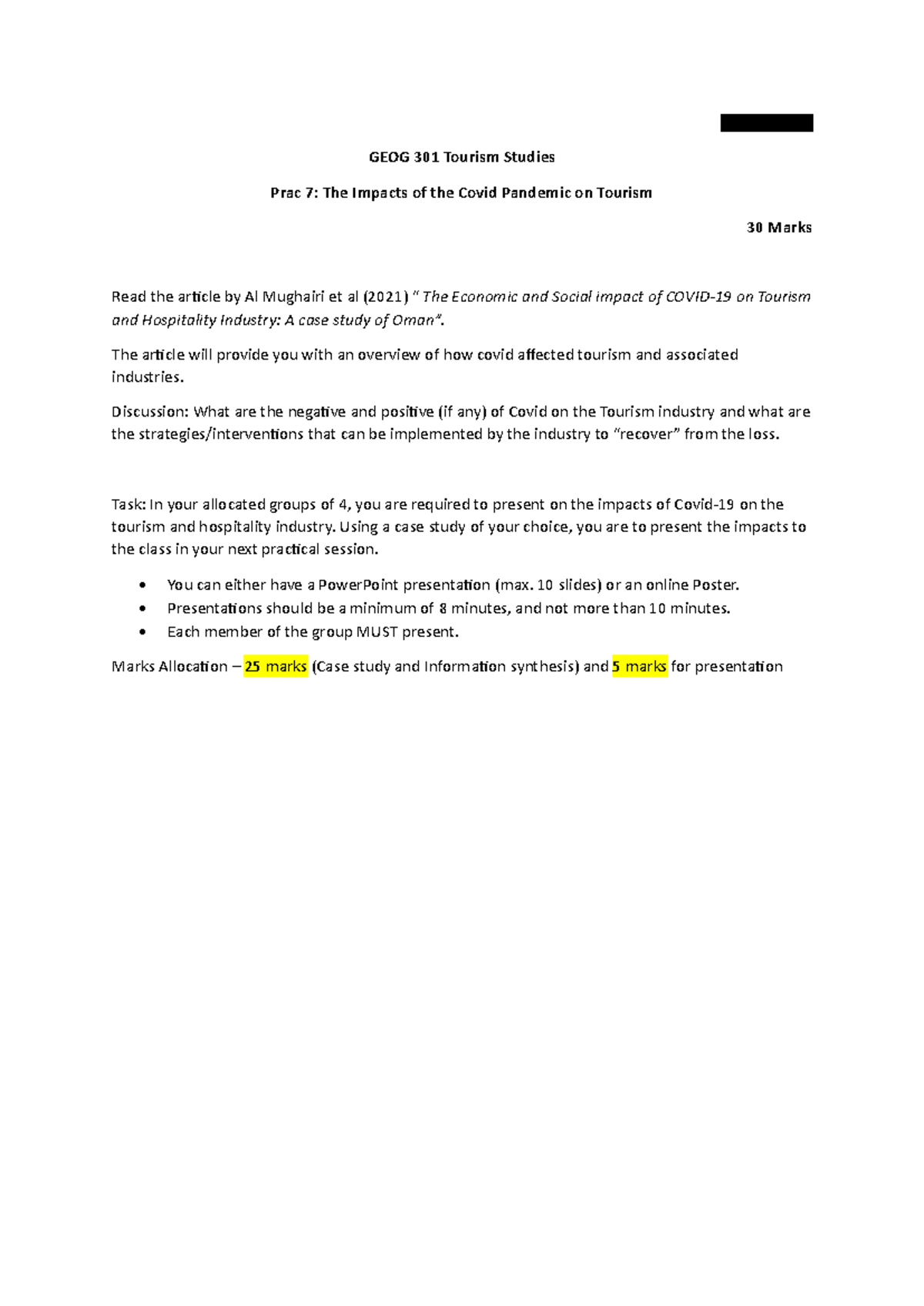 GEOG 301 Practical 7 2024 - 05 May 2023 GEOG 301 Tourism Studies Prac 7 ...