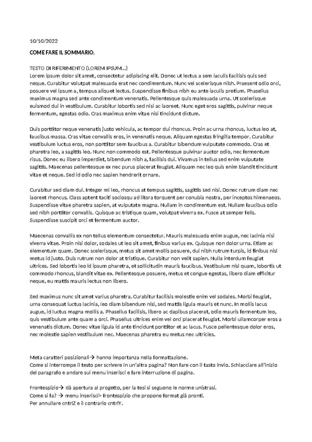 terza lezione modulo A - 10/10/ COME FARE IL SOMMARIO. TESTO DI ...