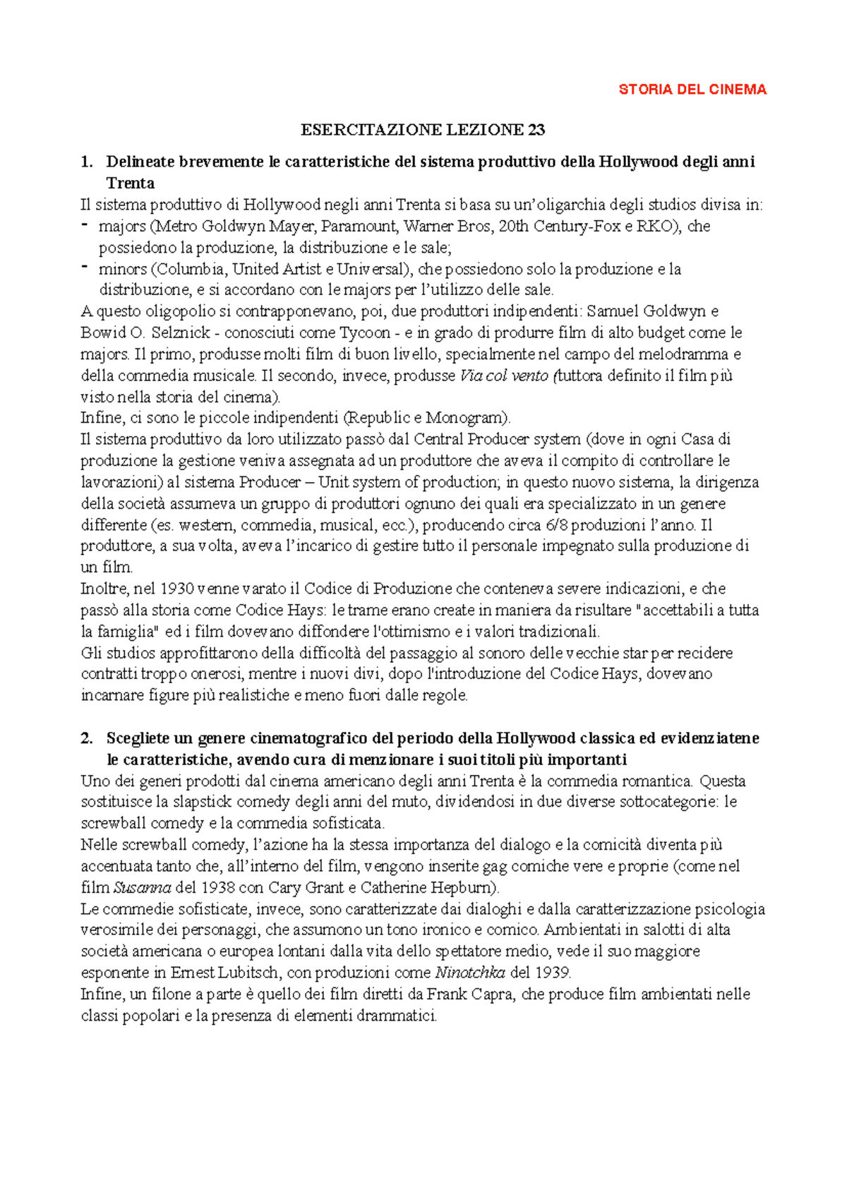 Esercitazione U23 - STORIA DEL CINEMA ESERCITAZIONE LEZIONE 23 ...