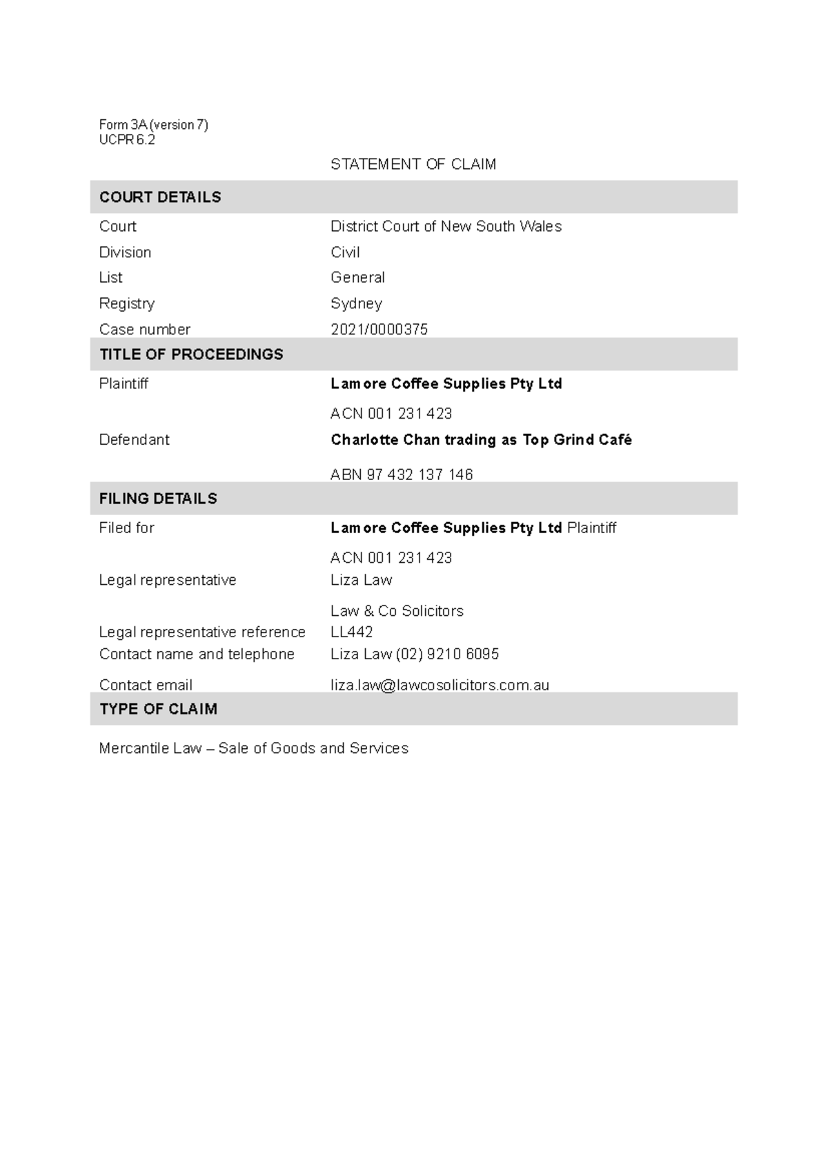 College of Law - Civil Litigation - Task 1 Activity 3 - Form 3A ...