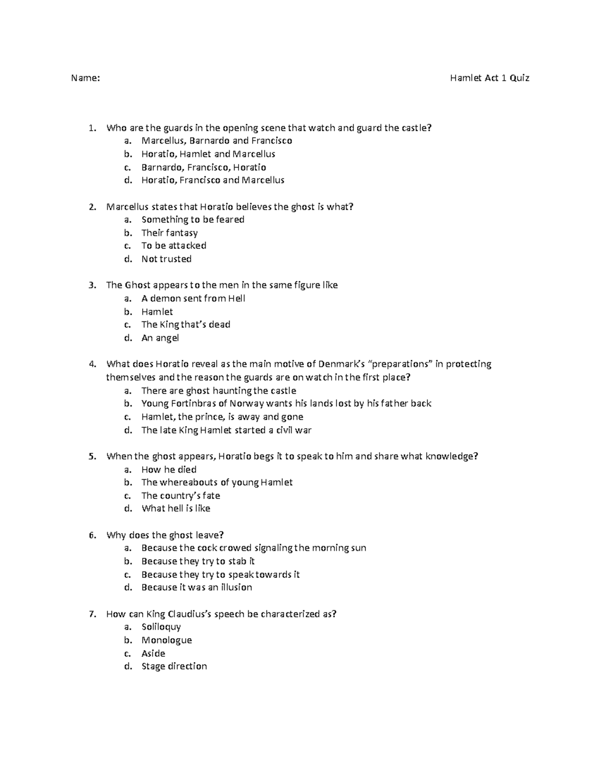 1 - Shakespeare's Hamlet Act 1 Multiple Choice Quiz or Test - Name ...