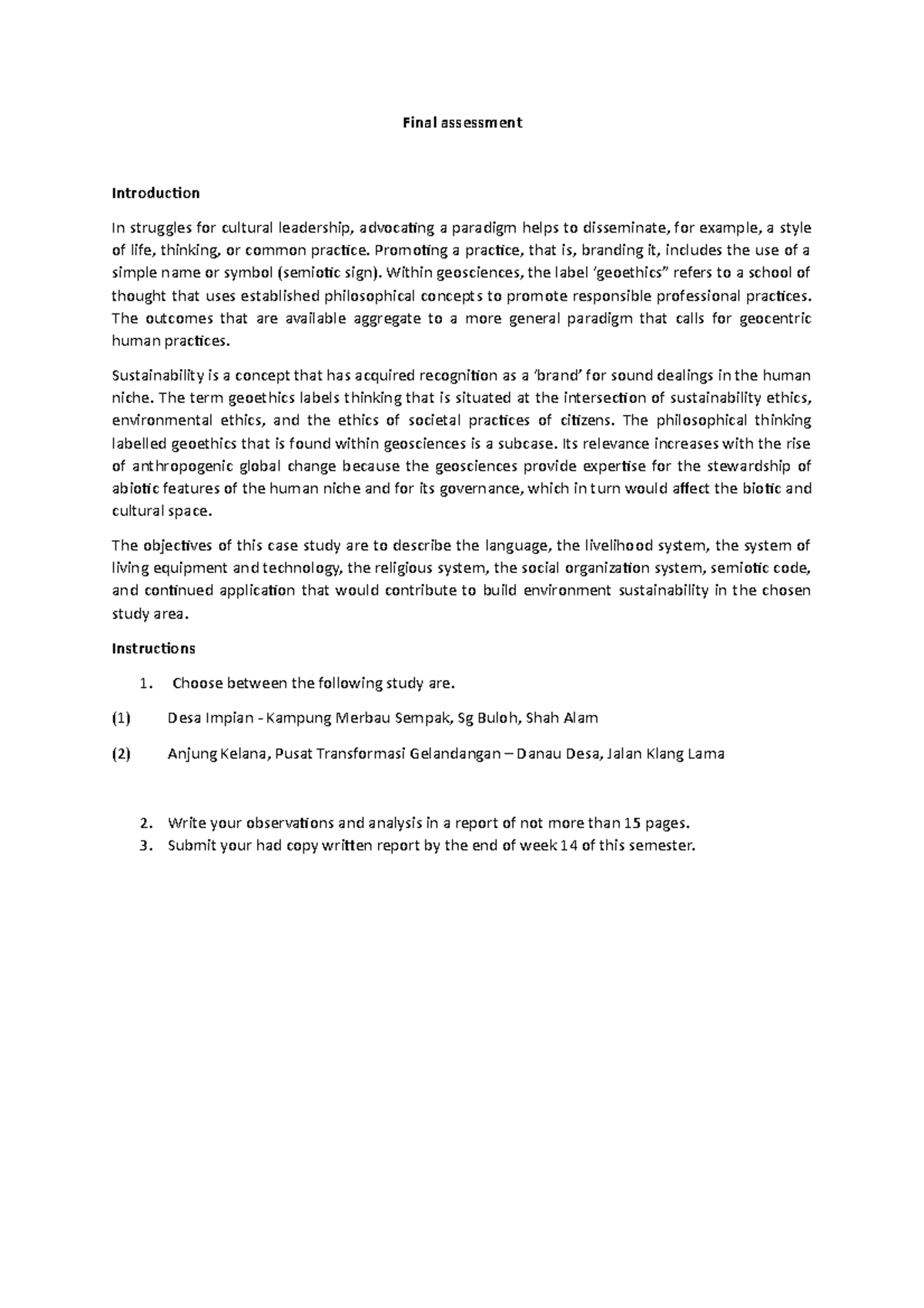 Final assessment - assesstment - Final assessment Introduction In struggles for cultural ...