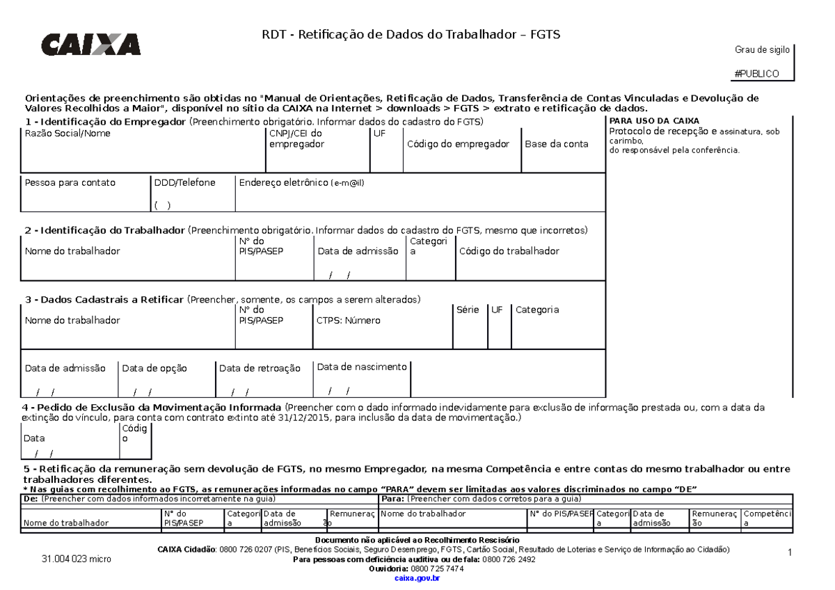 RDT Caixa - RDT - RDT - Retificação de Dados do Trabalhador – FGTS Grau ...