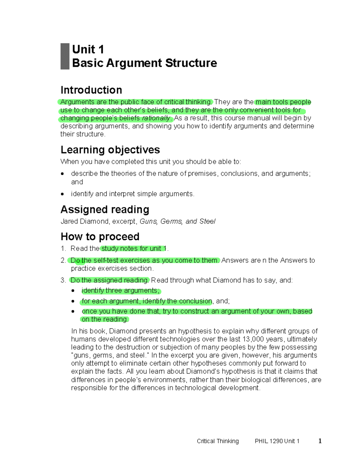 Unit1 - Notes - Unit 1 Basic Argument Structure Introduction Arguments ...
