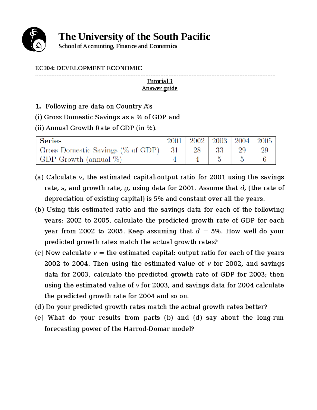 Tutorial 4 ans - for practice - The University of the South Pacific ...