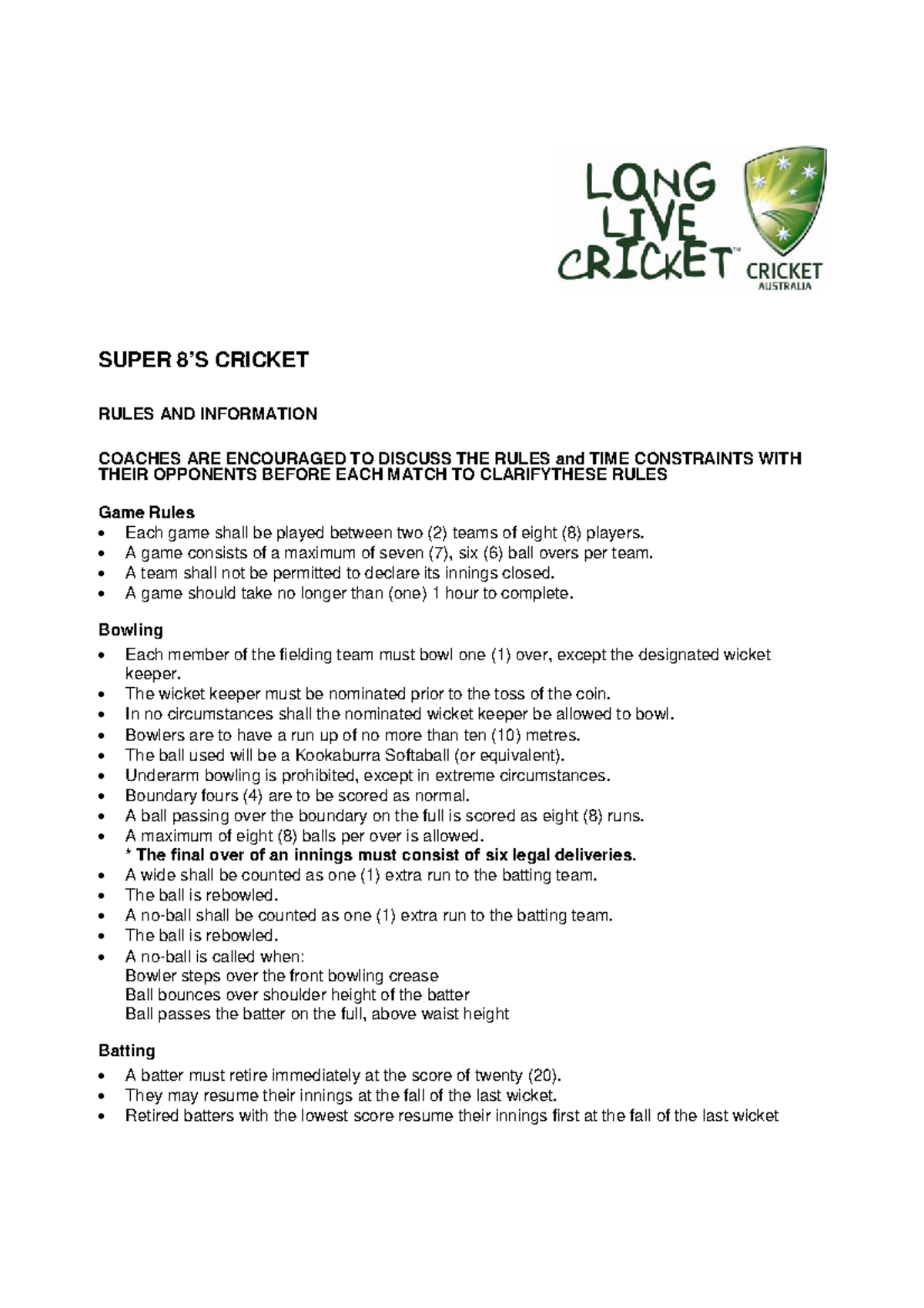 cricket Super 8s rules for children - SUPER 8’S CRICKET RULES AND ...