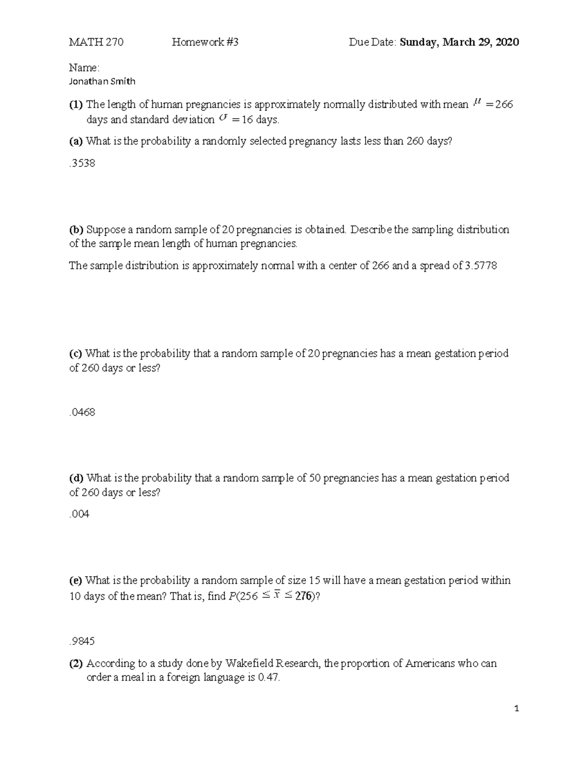 Hw3 My Solutions To Hw 3 Math 270 Homework 3 Due Date Sunday March 29 2020 Name