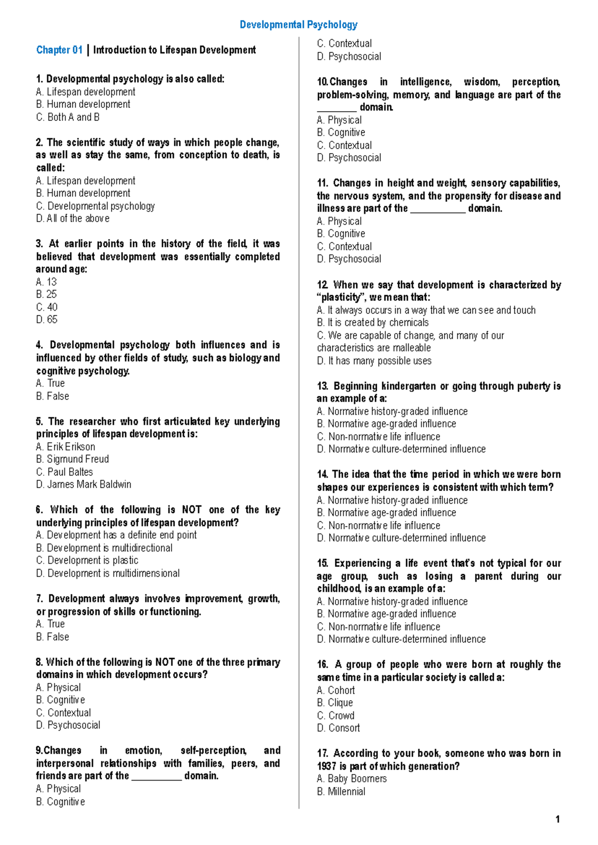 Devpsy - TEST BANK - Test bank in Developmental Psychology - Chapter 01 ...