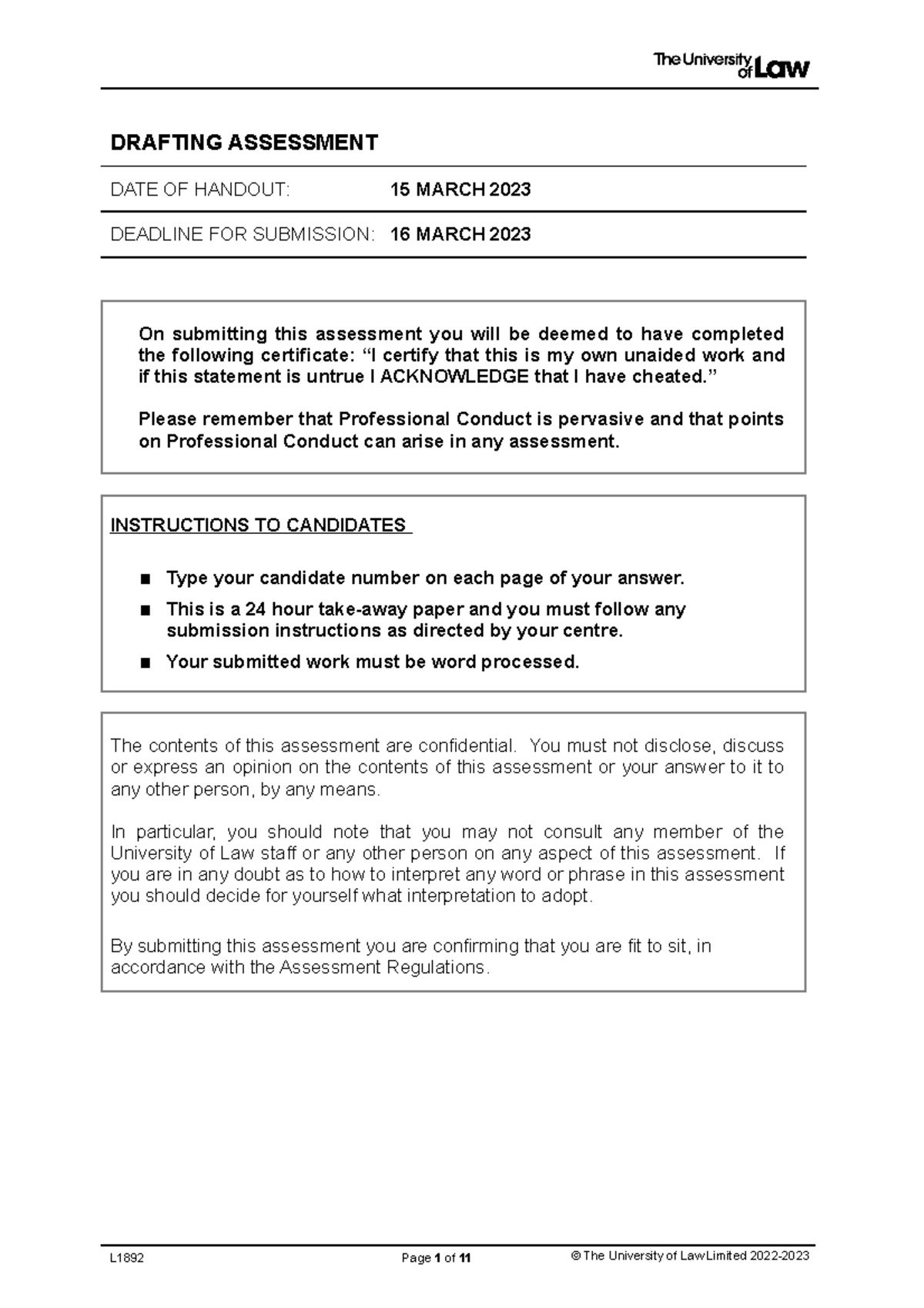Legal Drafting Assessment - DRAFTING ASSESSMENT DATE OF HANDOUT: 15 ...