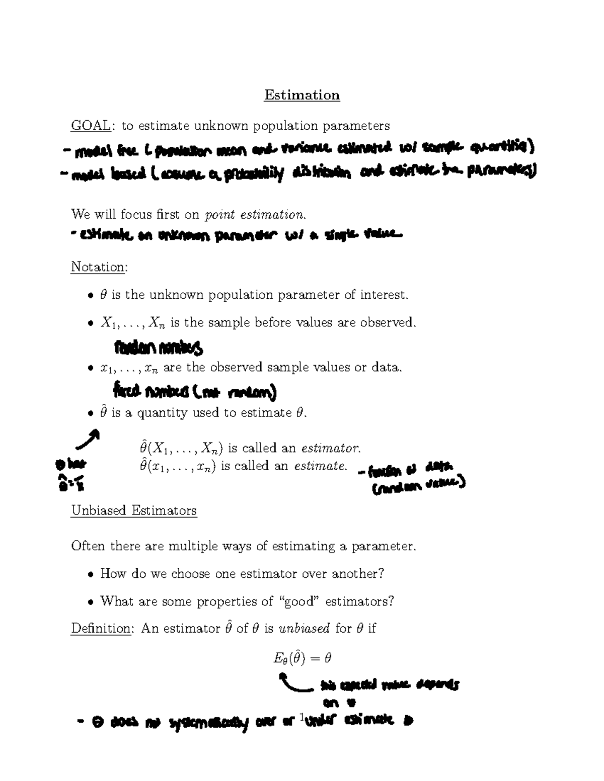 Math 3200 Chapter 6 Notes - Estimation GOAL: to estimate unknown ...