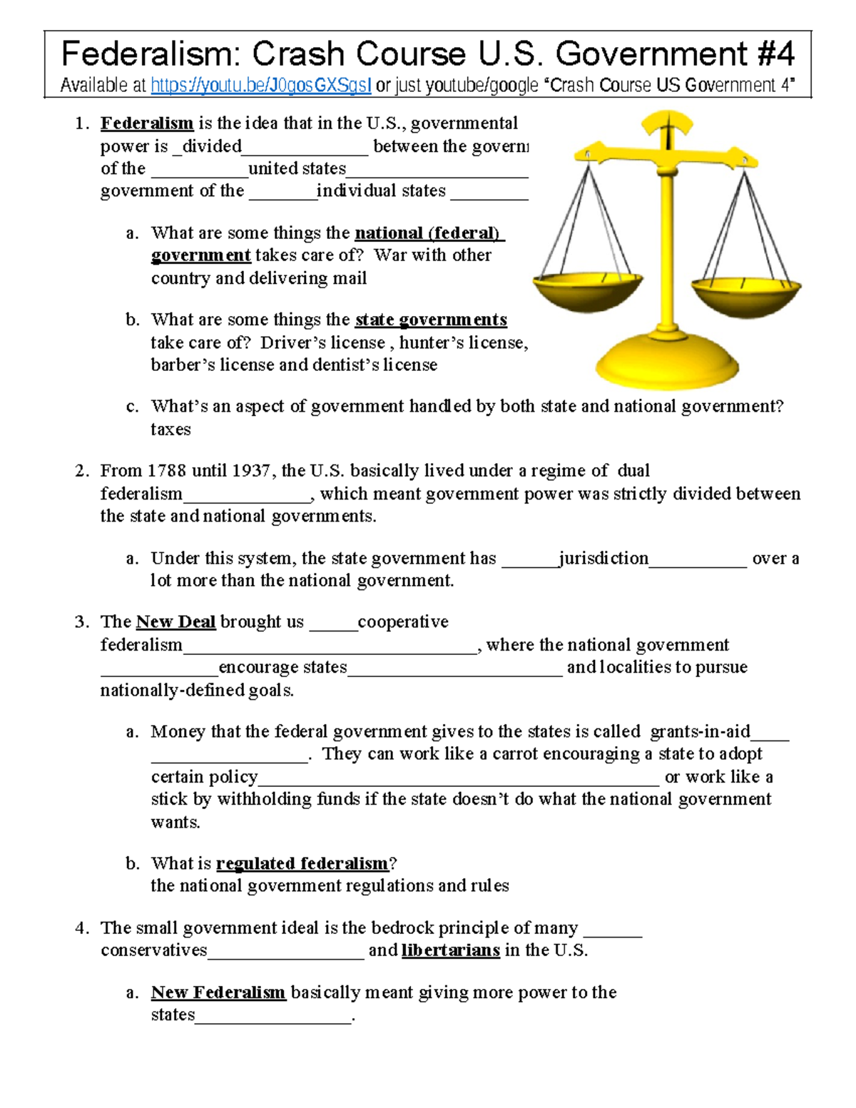 Wisnyder's crash course - Federalism: Crash Course U. Government ...