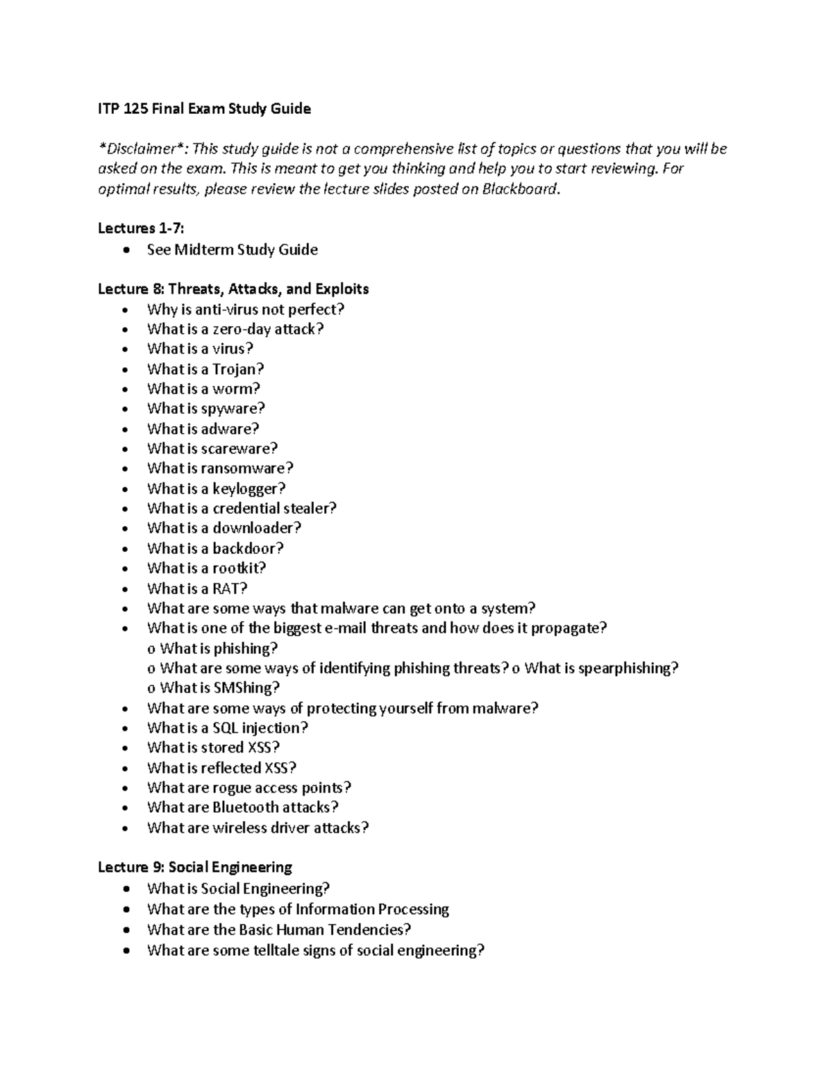 ITP 125 Final Exam Study Guide - ITP 125 Final Exam Study Guide Disclaimer: This study guide is ...