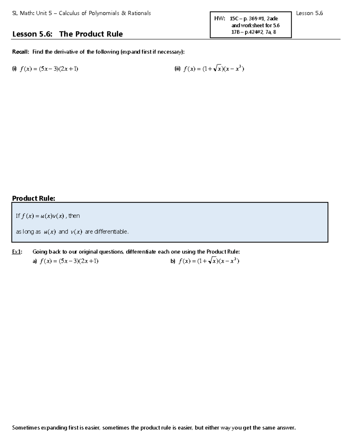 Lesson 5 - Lecture notes 6 - SL Math: Unit 5 – Calculus of Polynomials ...