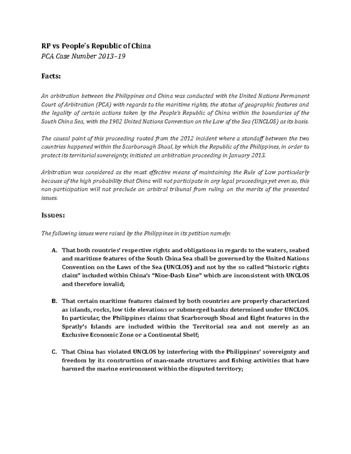 RP vs People's Republic of China PCA Case Number 2013 –19 - RP vs ...