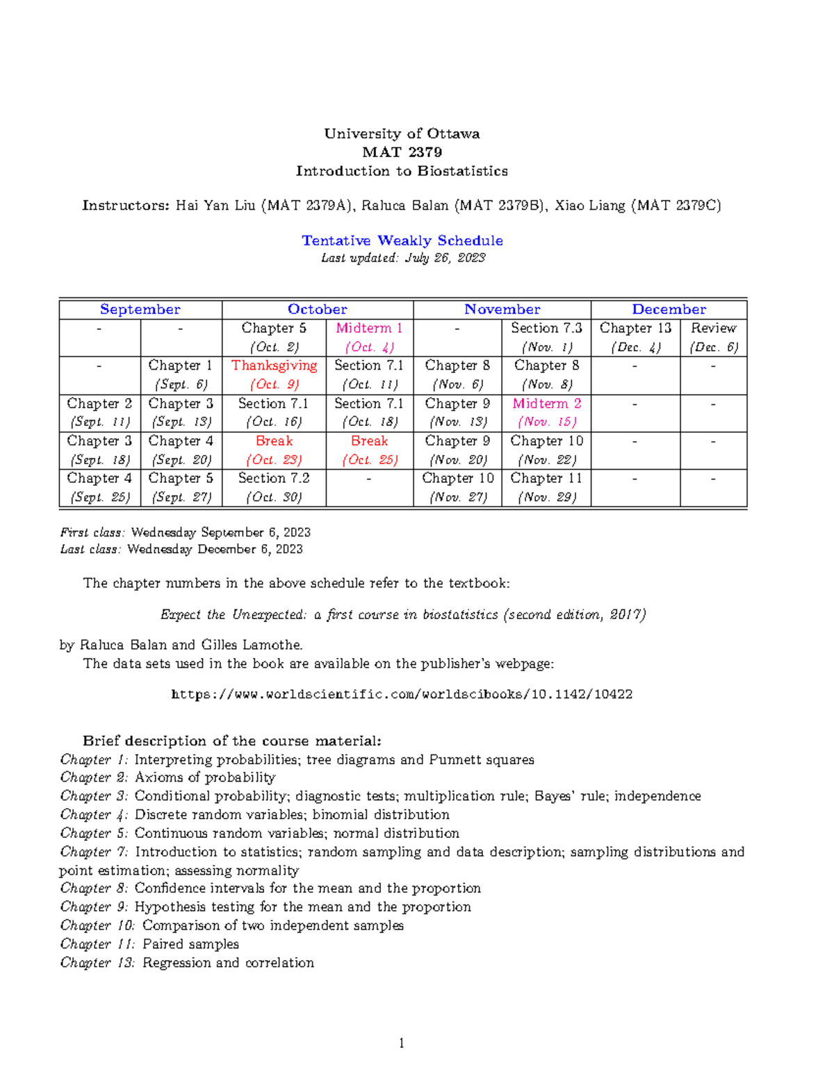 MAT2379 Tentative Schedule - University of Ottawa MAT 2379 Introduction to Biostatistics - Studocu