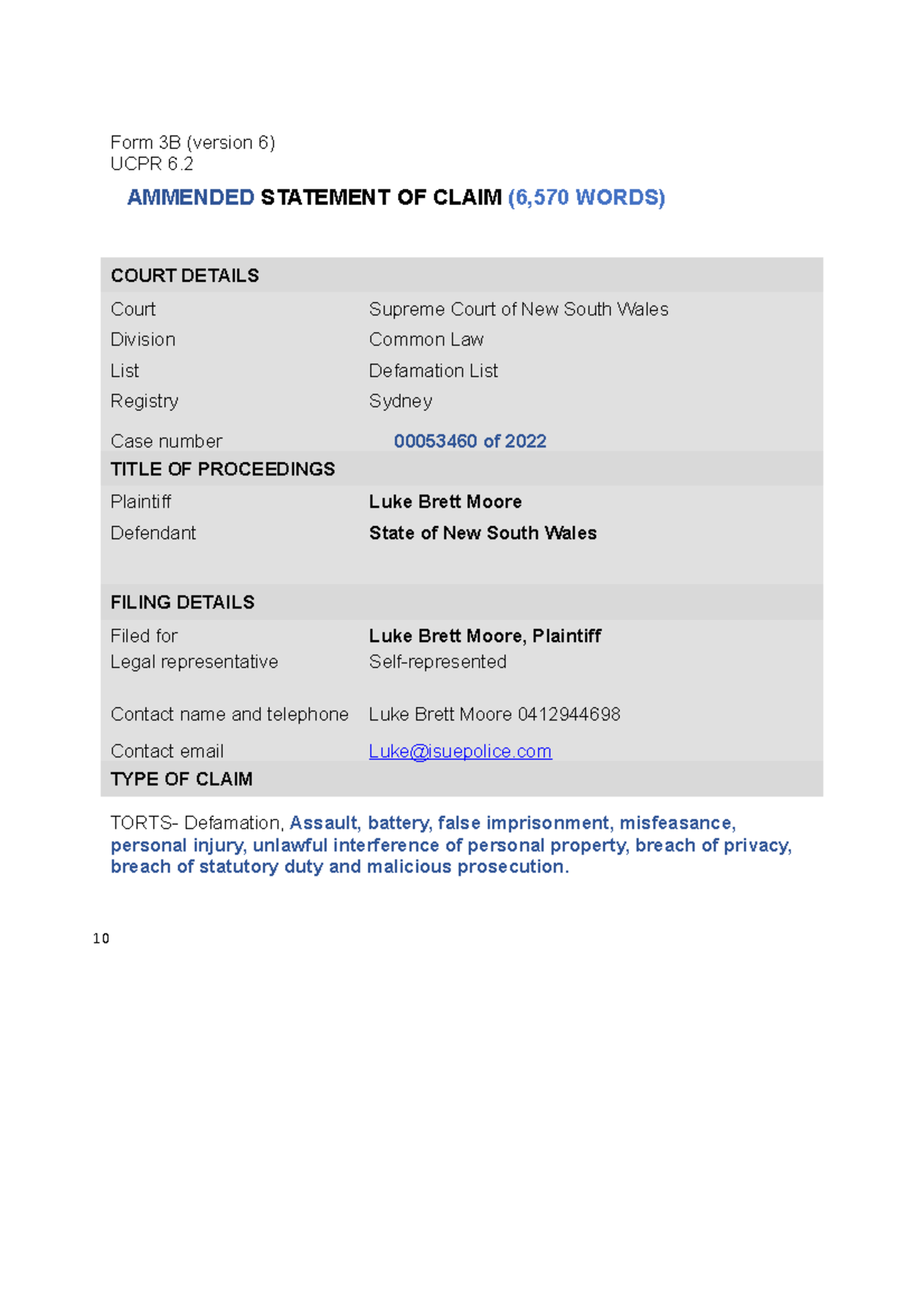 Luke Moore v State of NSW Ammended Statement of Claim - Form 3B ...