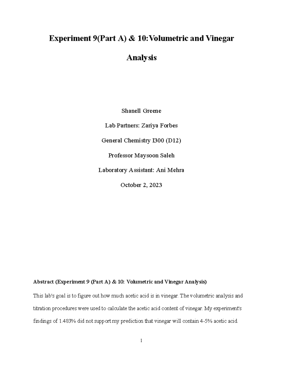 Experiment 9 and 10 Full Lab Report - Experiment 9(Part A) & 10 ...